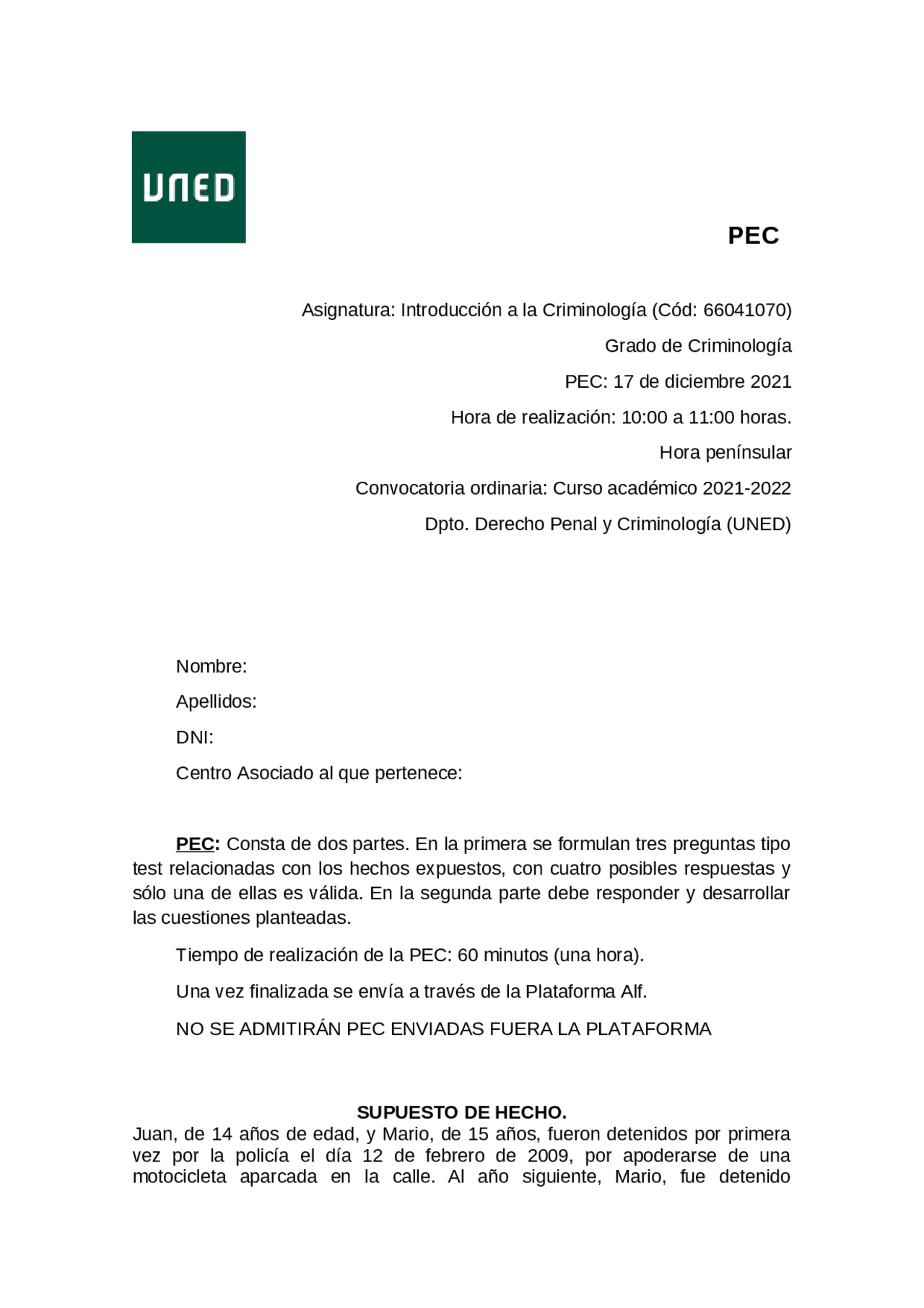 Pec IntroducciÓn CriminologÍa Docsity