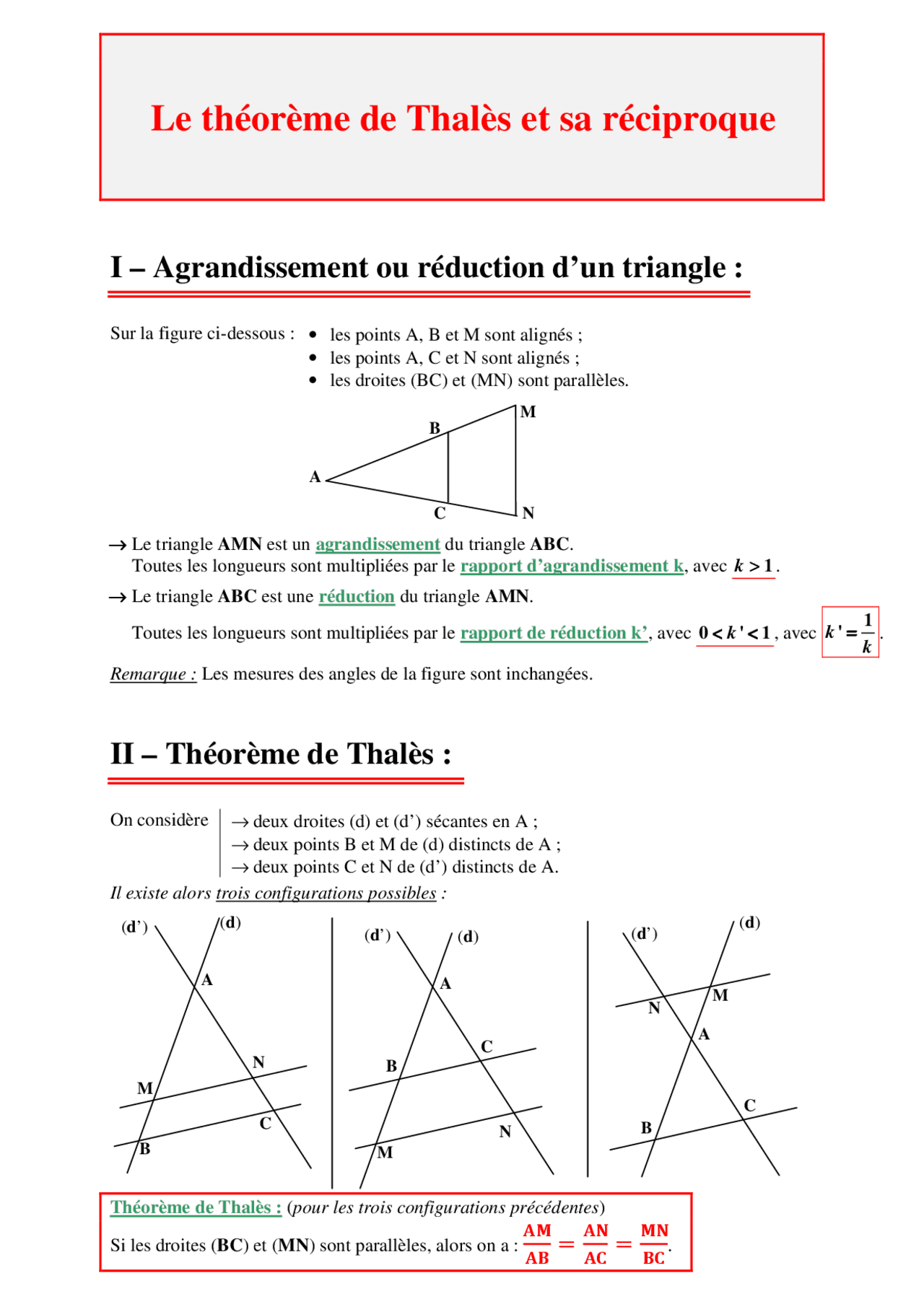 Le Théorème De Thalès Et Sa Réciproque Résumés Mathématiques Docsity