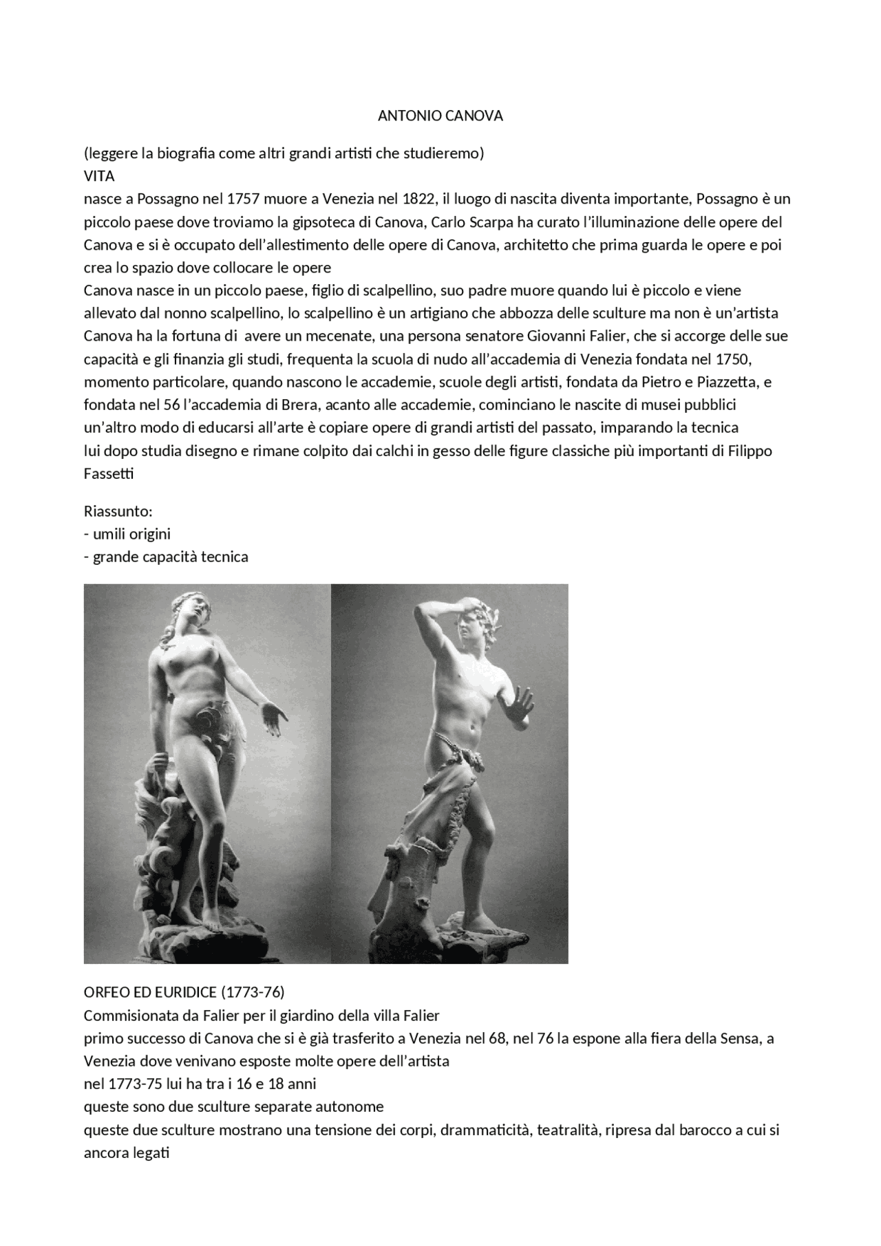 Antonio Canova Schemi E Riassunto Docsity