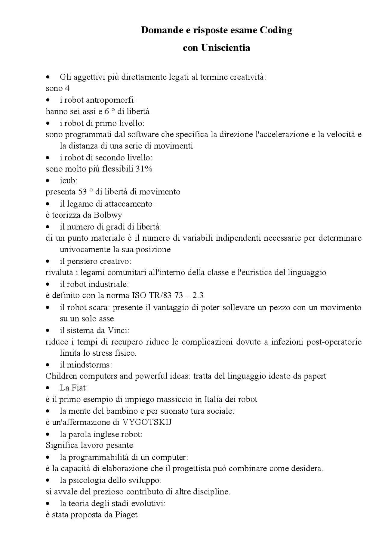 Domande E Risposte Esame Coding Uniscientia Docsity