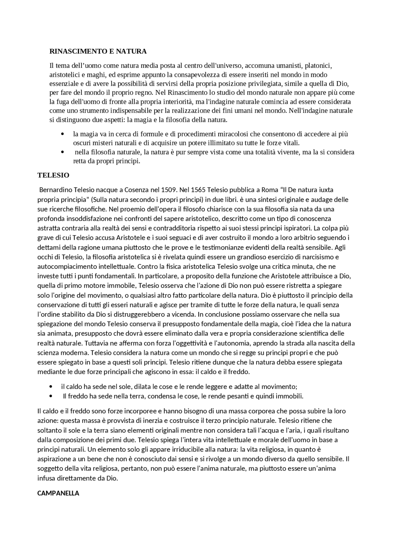 Campanella Bacone E Telesio Docsity