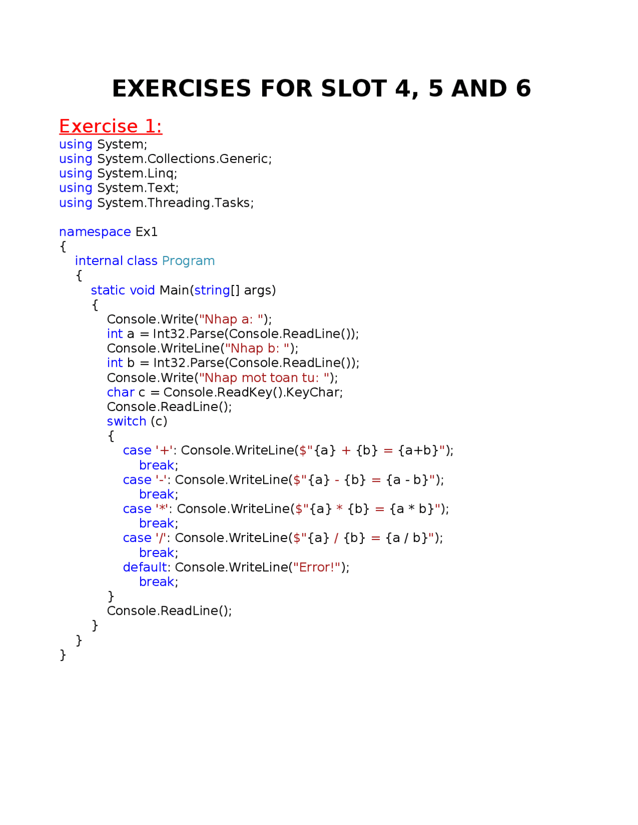 EXERCISES FOR SLOT 4, 5 and 6 - Docsity