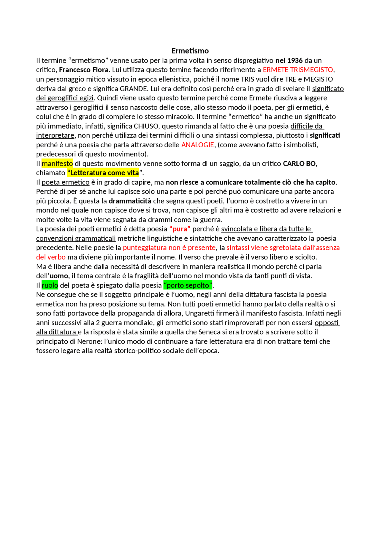 Riassunto Ermetismo E Ungaretti Docsity