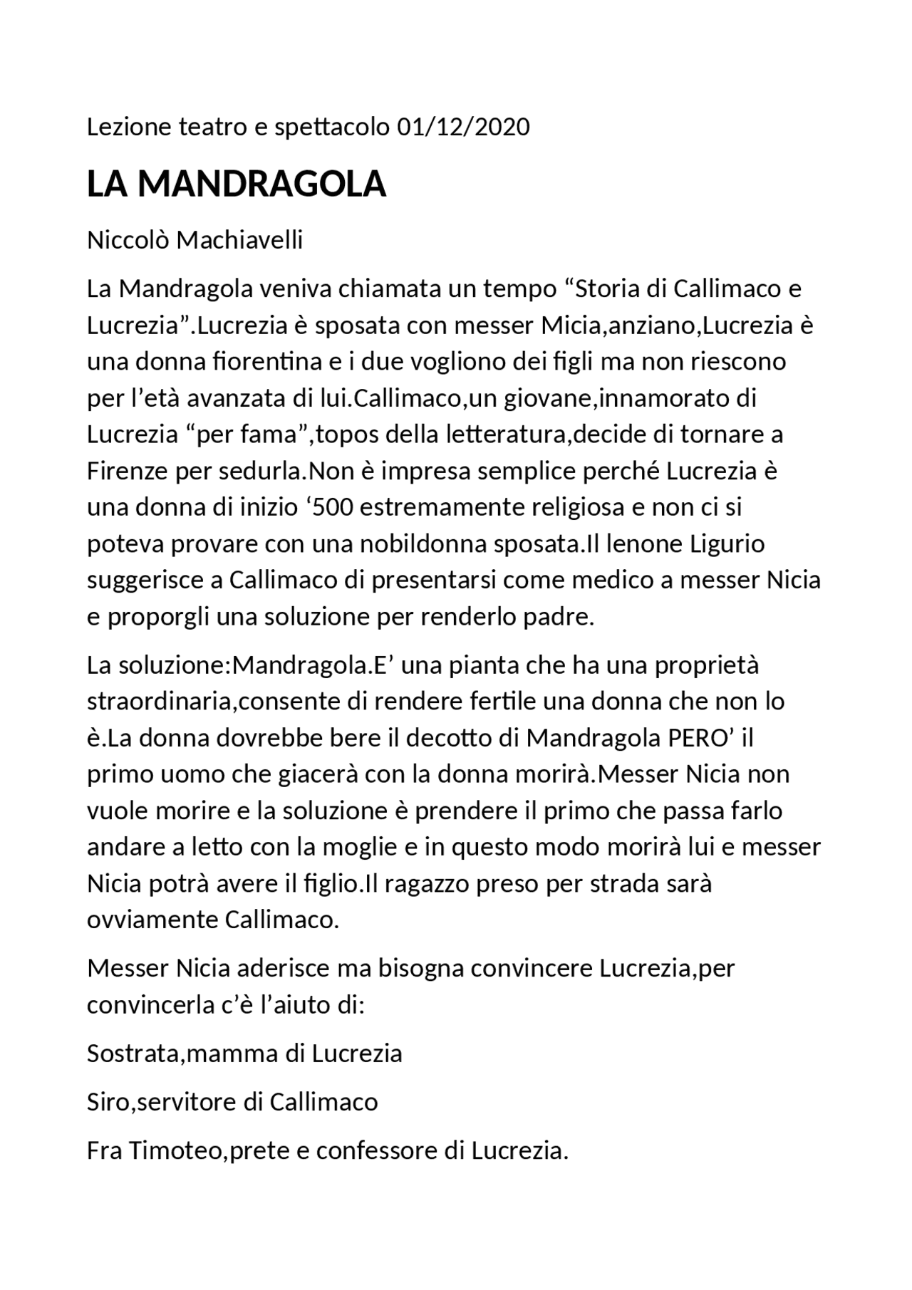 La Mandragola Appunti Di Lezione Docsity
