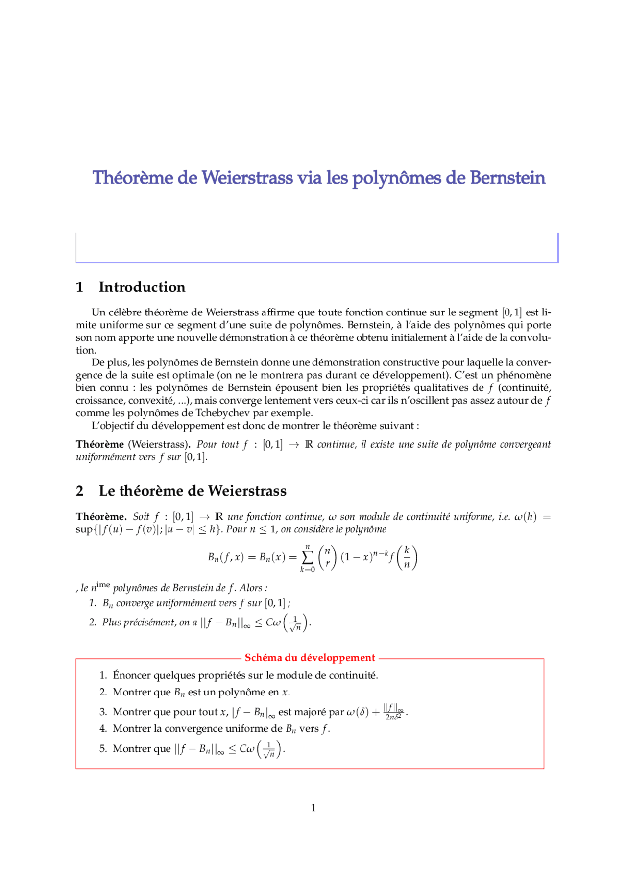 Théorème de Weierstrass via les polynômes de Bernstein | Lectures ...
