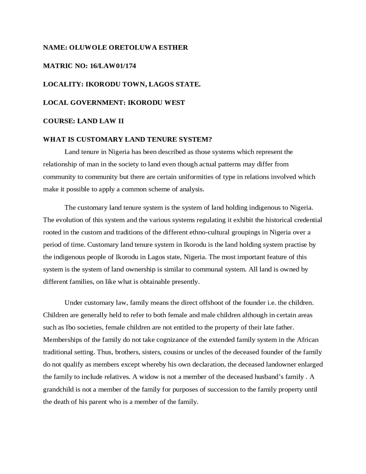 Customary land tenure system in Ikorodu Lagos - Docsity