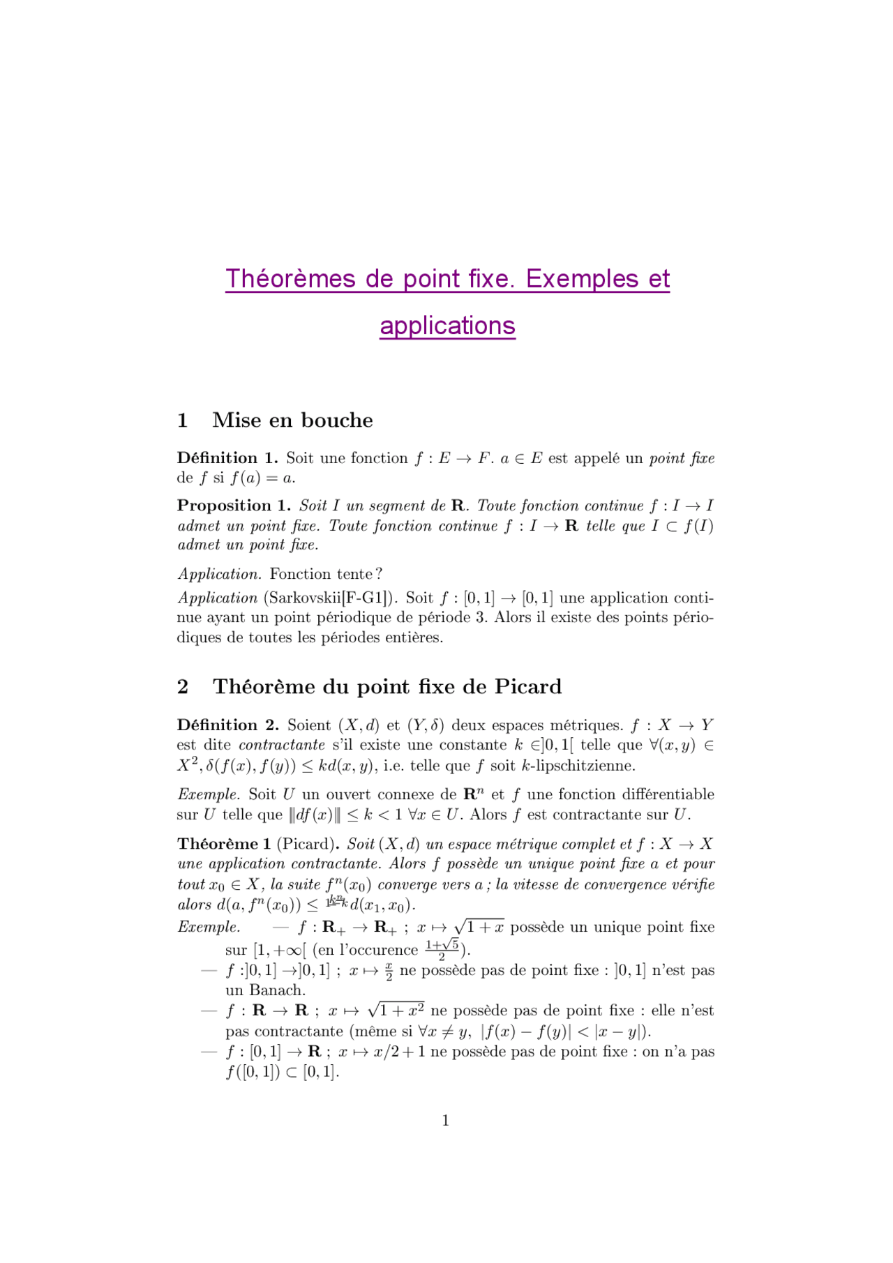 Théorèmes de point fixe - Exemples et applications - Docsity