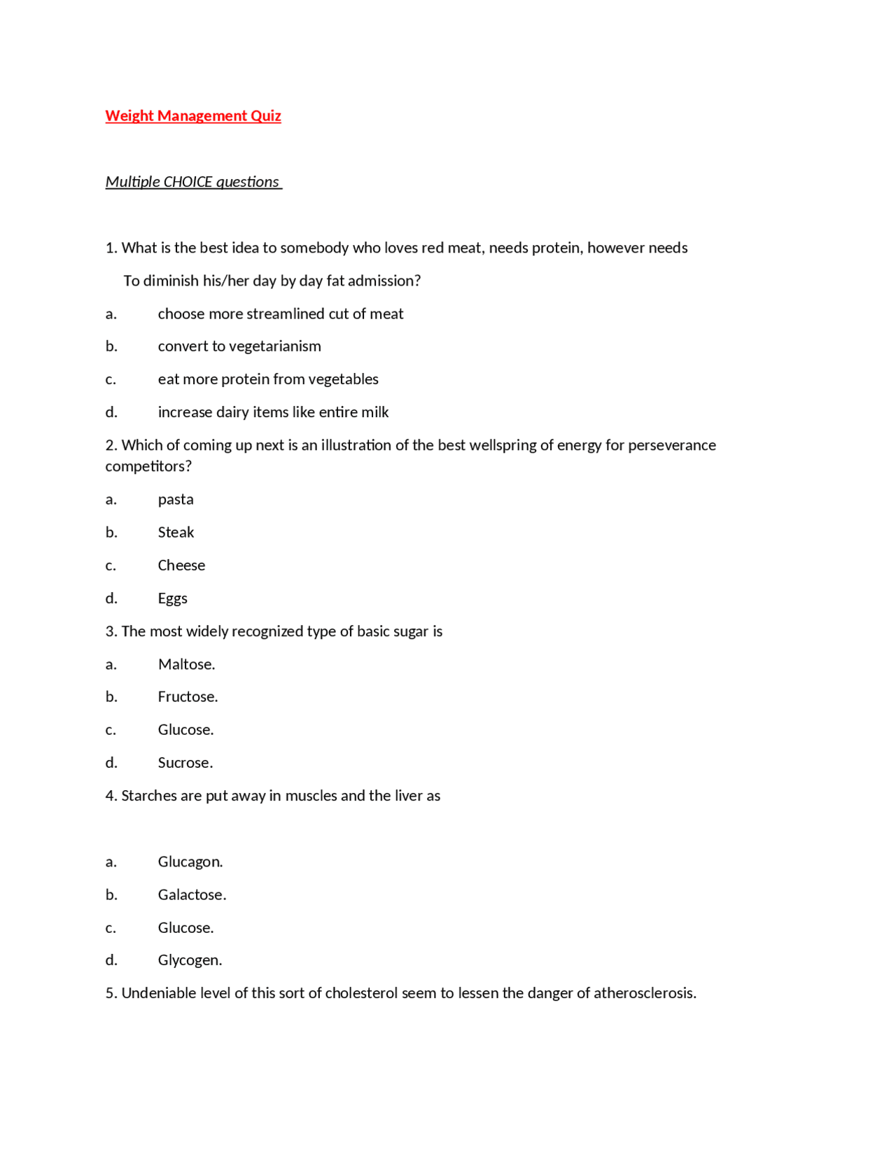 Weight Management quiz - Docsity