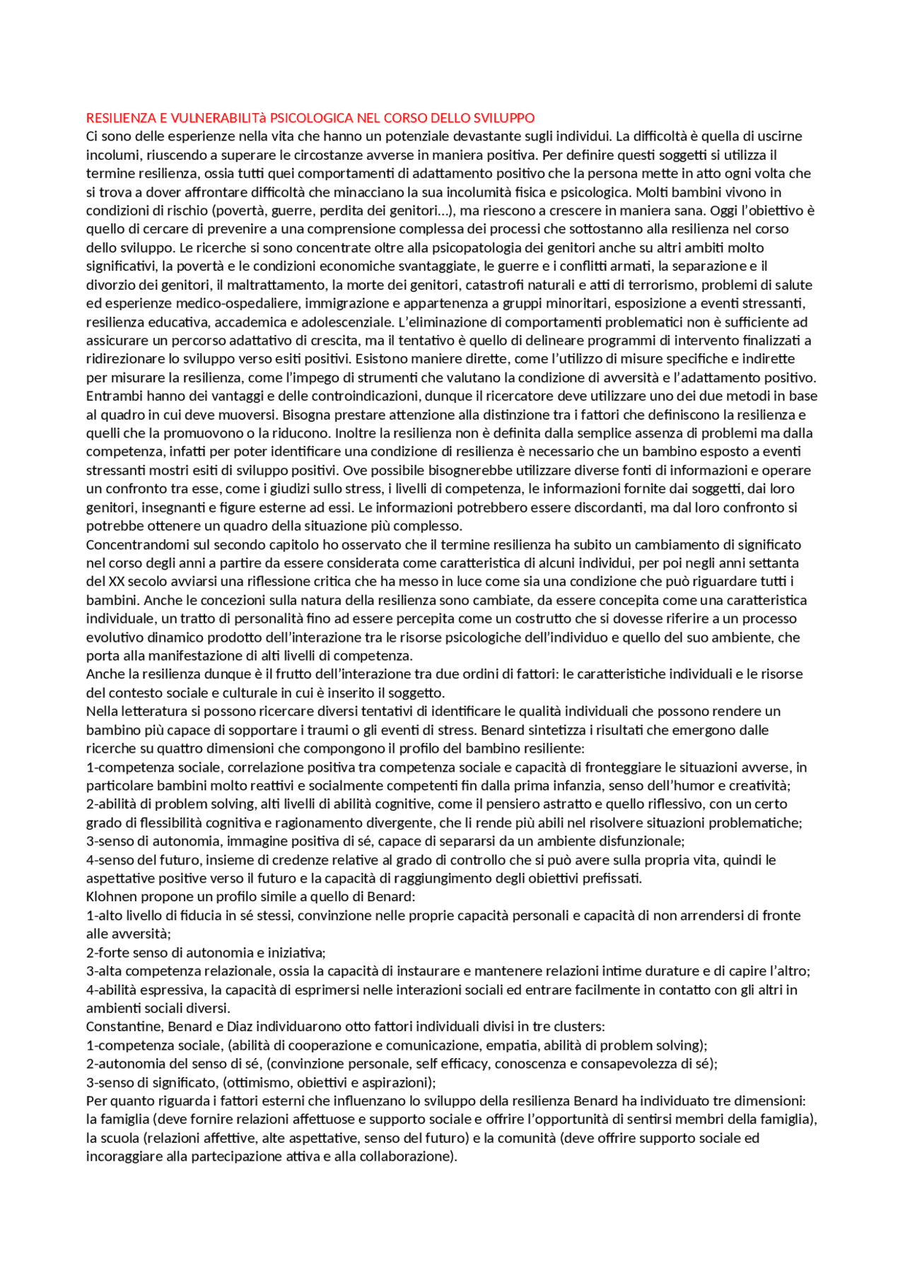 Resilienza E Vulnerabilità Nel Corso Dello Sviluppo Docsity