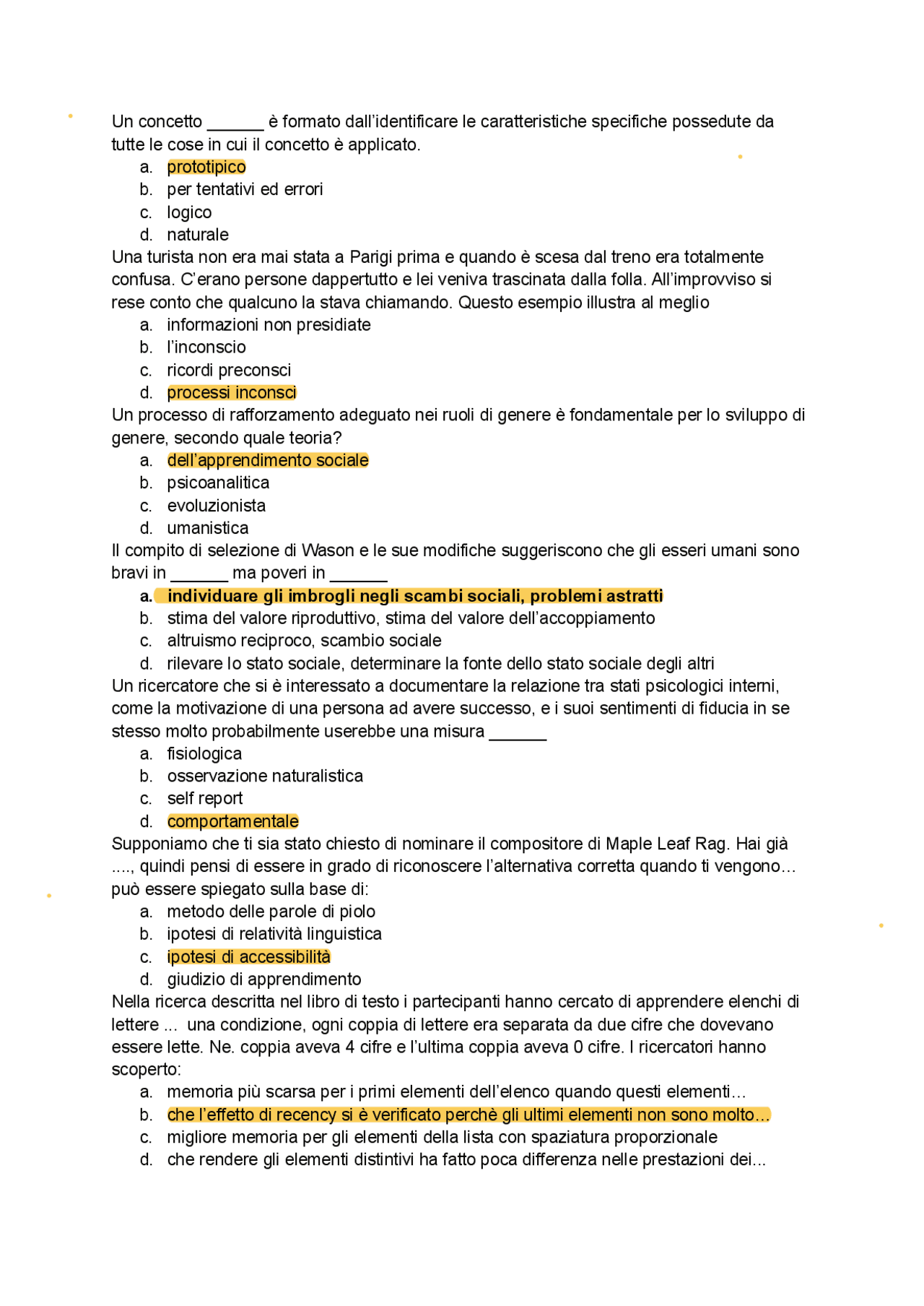 Domande Esame Psicologia Generale Docsity