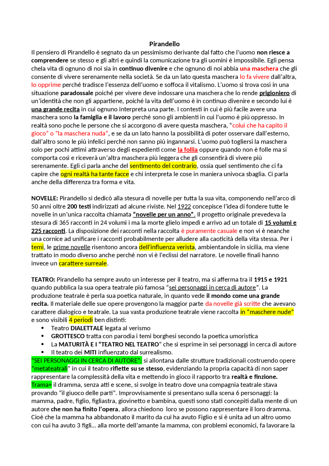 RIASSUNTO DETTAGLIATO PIRANDELLO - Docsity