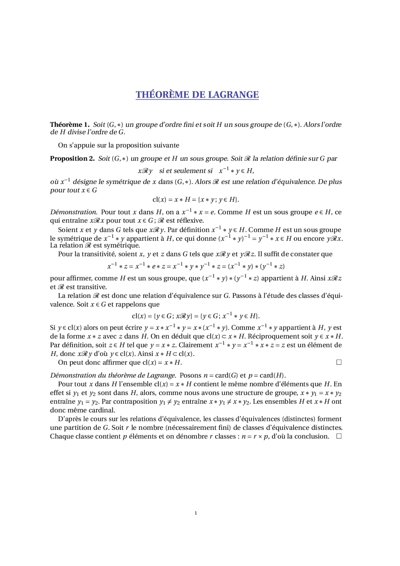 Démonstration du théorème de Lagrange | Résumés Mathématiques | Docsity