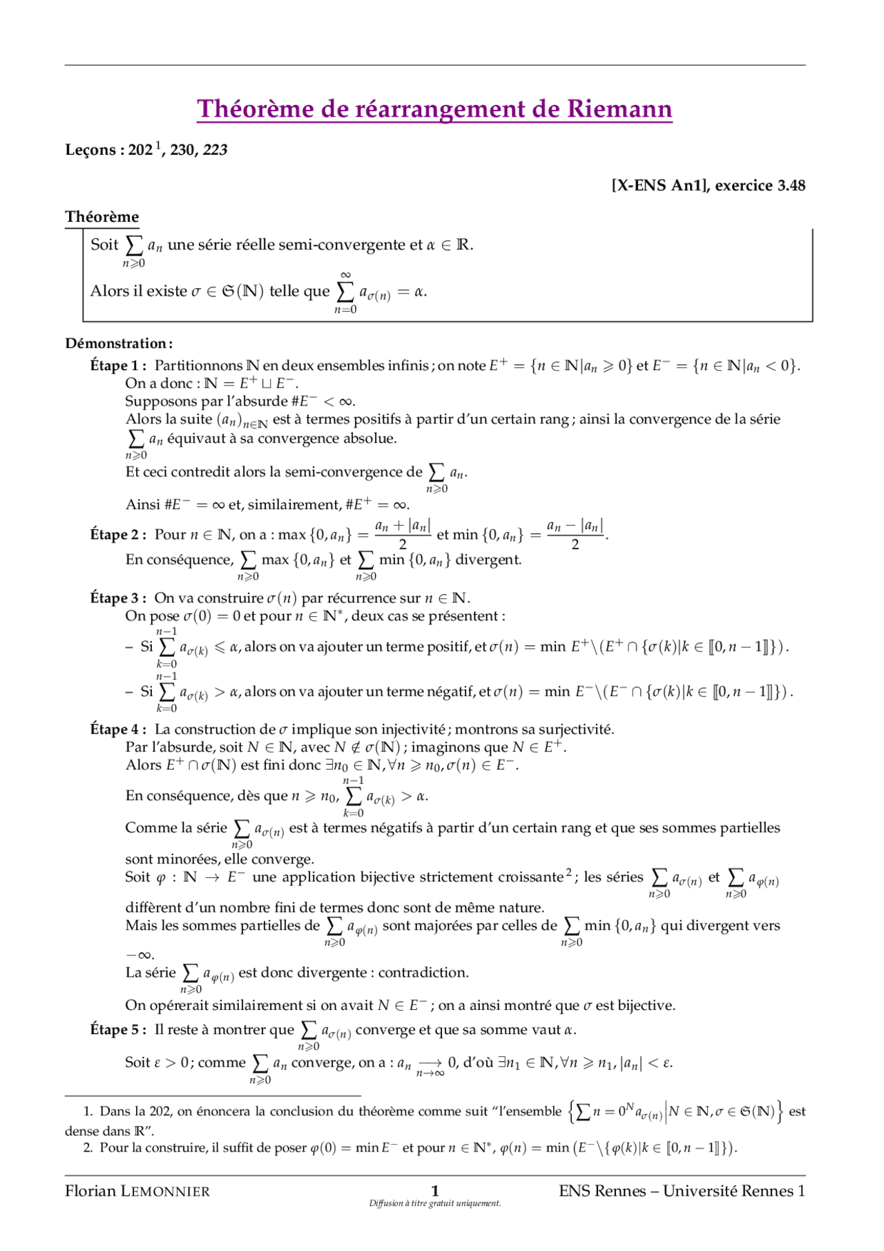 Théorème de réarrangement de Riemann - Docsity