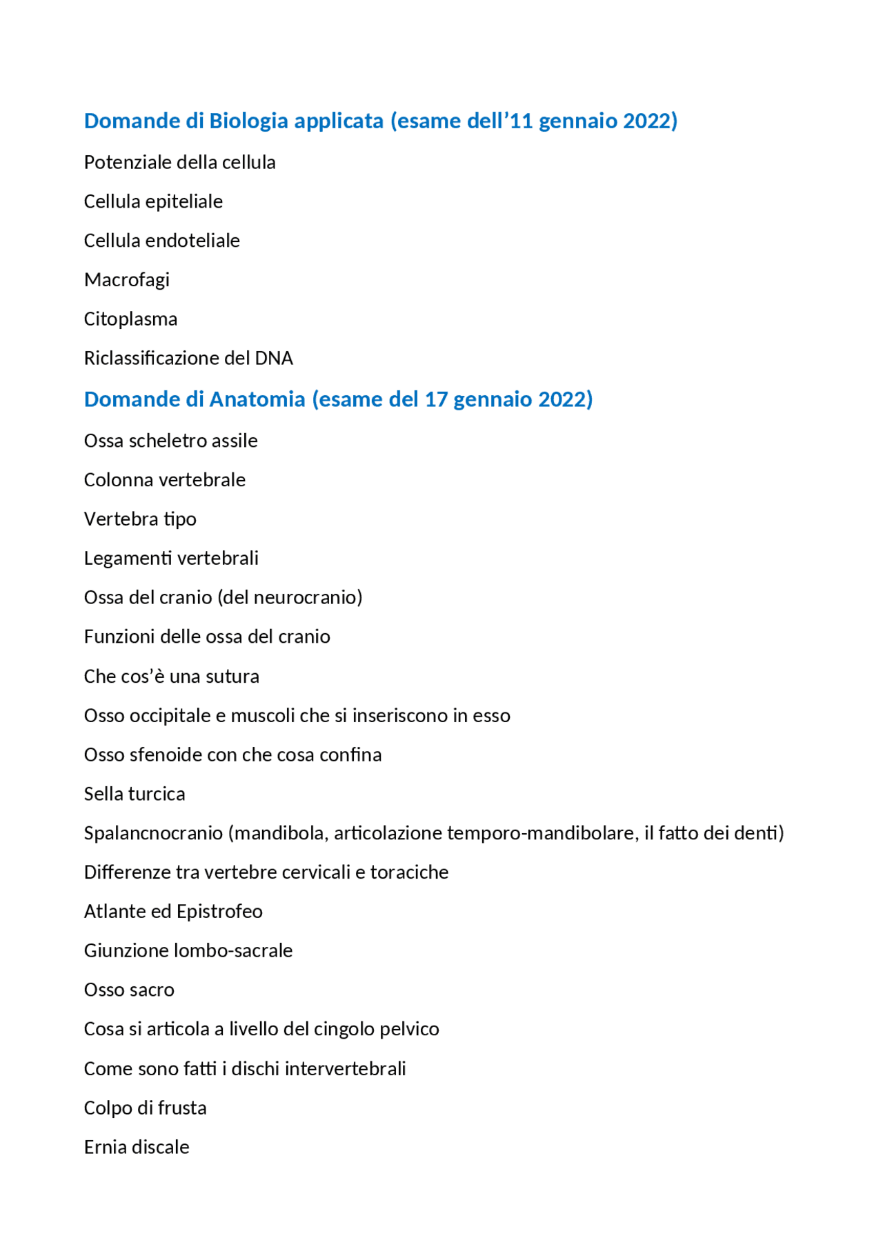 Domande Di Anatomia 20212022 Scienze Motorie Docsity
