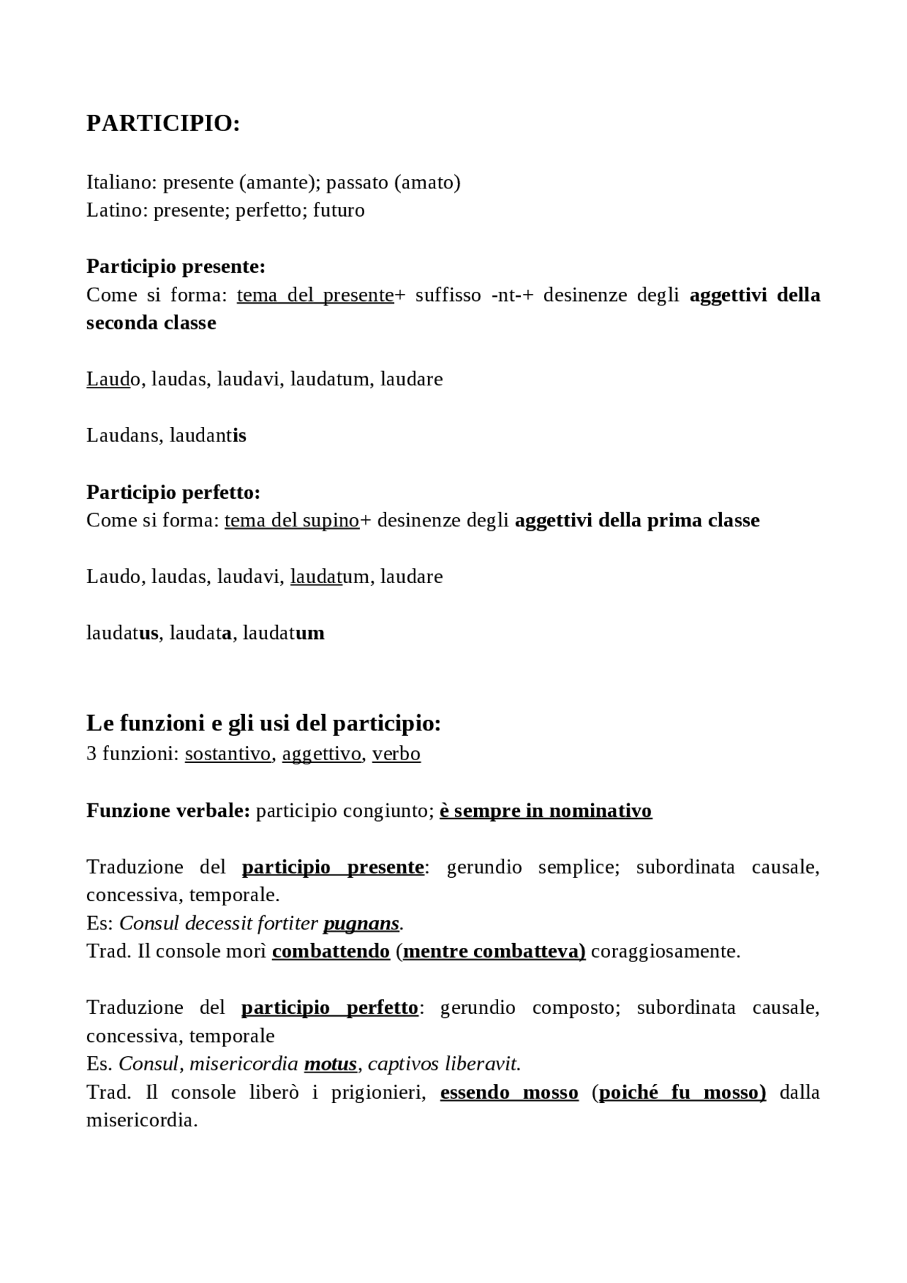 Schema sintetico della participio latino - Docsity