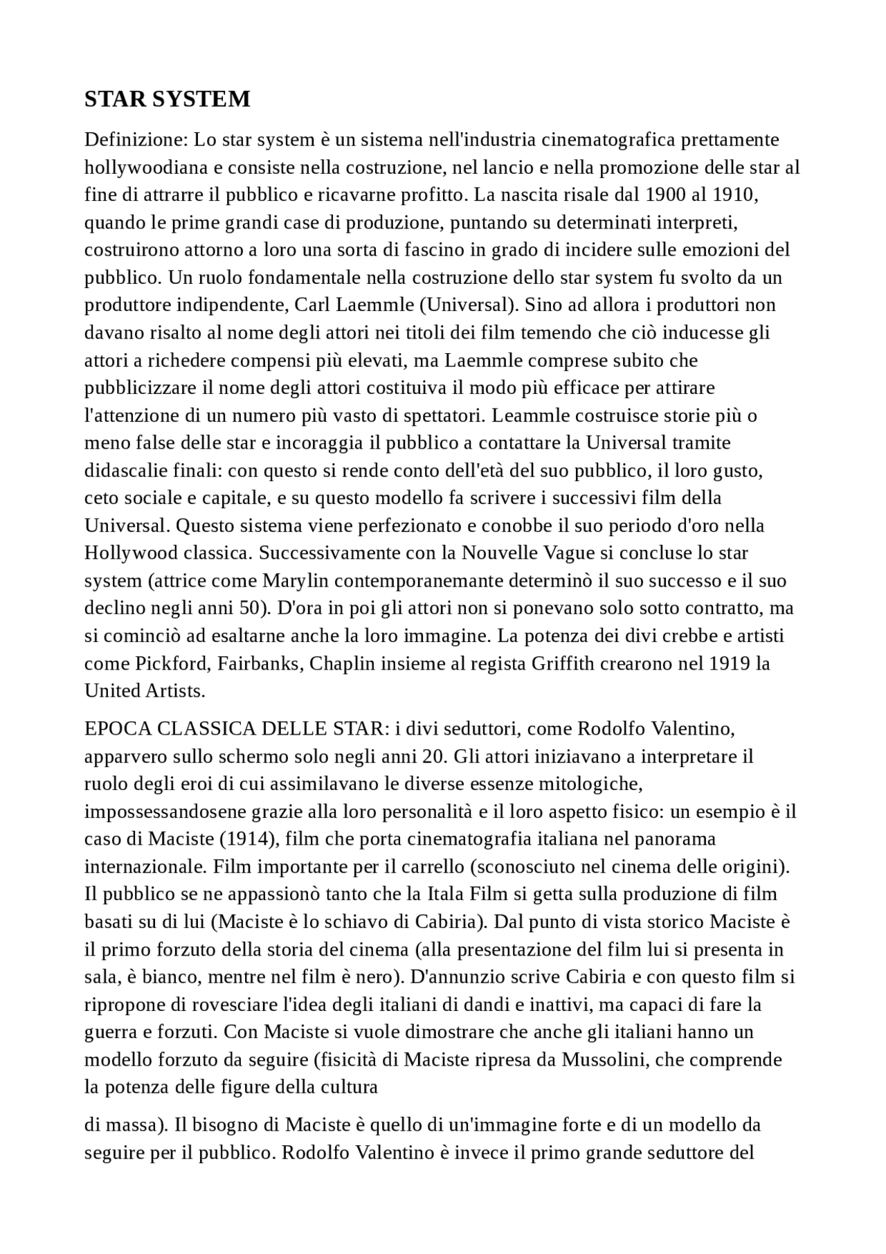 Lo Star System Riassunto Docsity