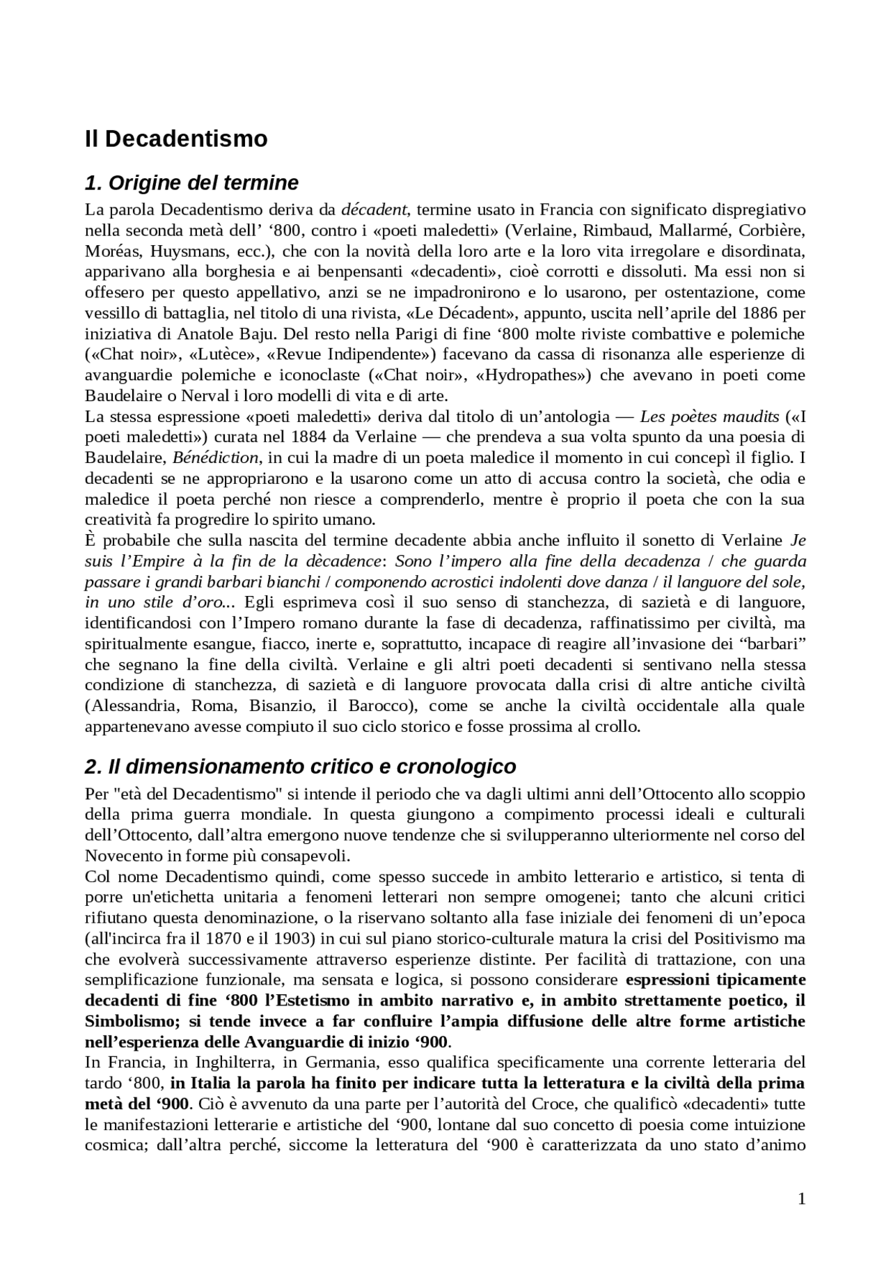 Il Decadentismo: caratteristiche generali - Docsity