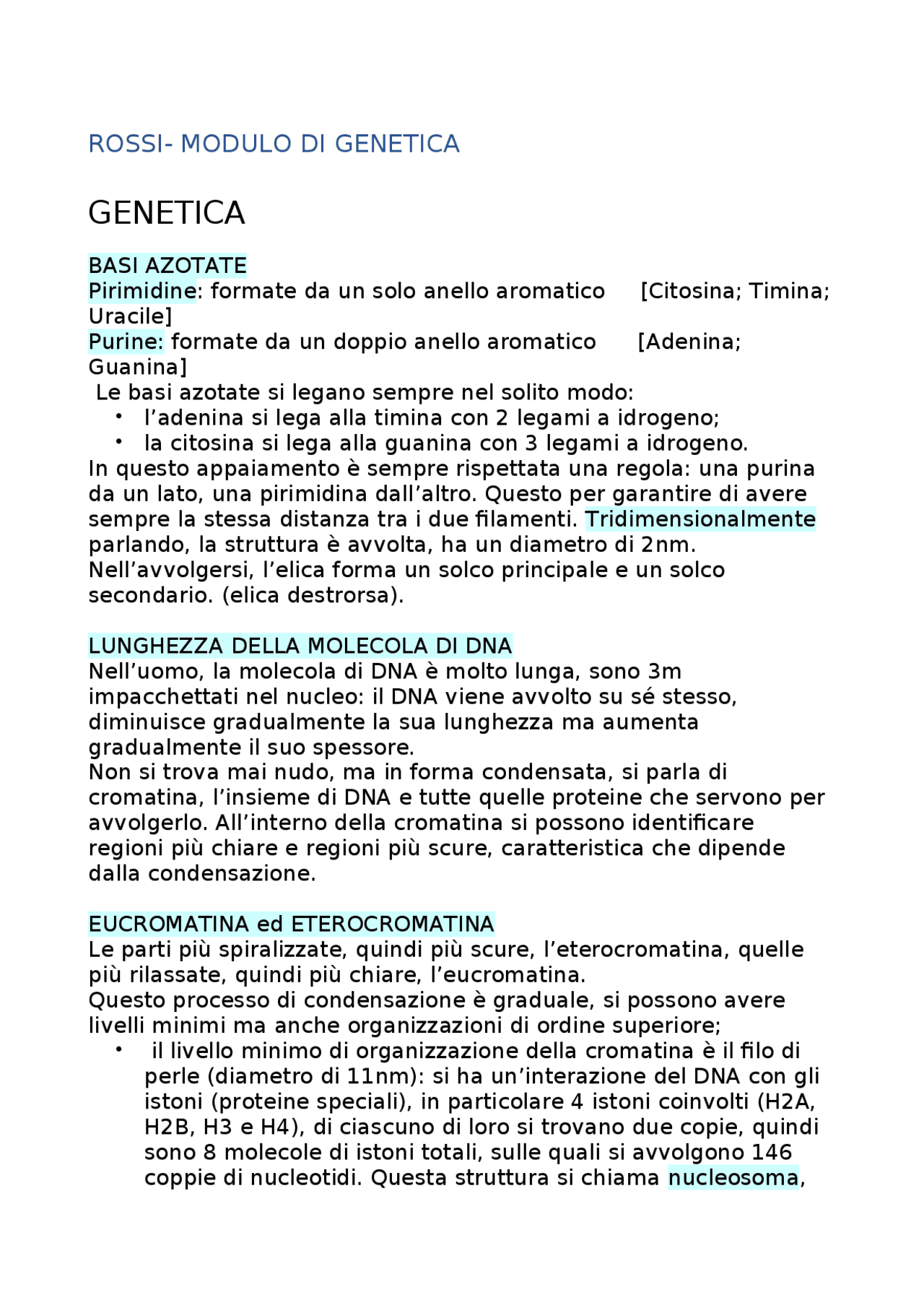 Modulo Di Genetica Prof Rossi Docsity
