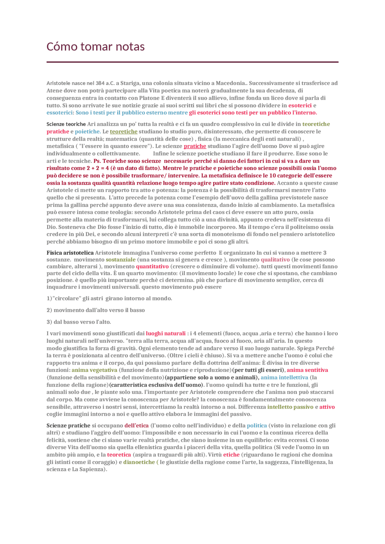 Aristotele In Sintesi Generale Docsity