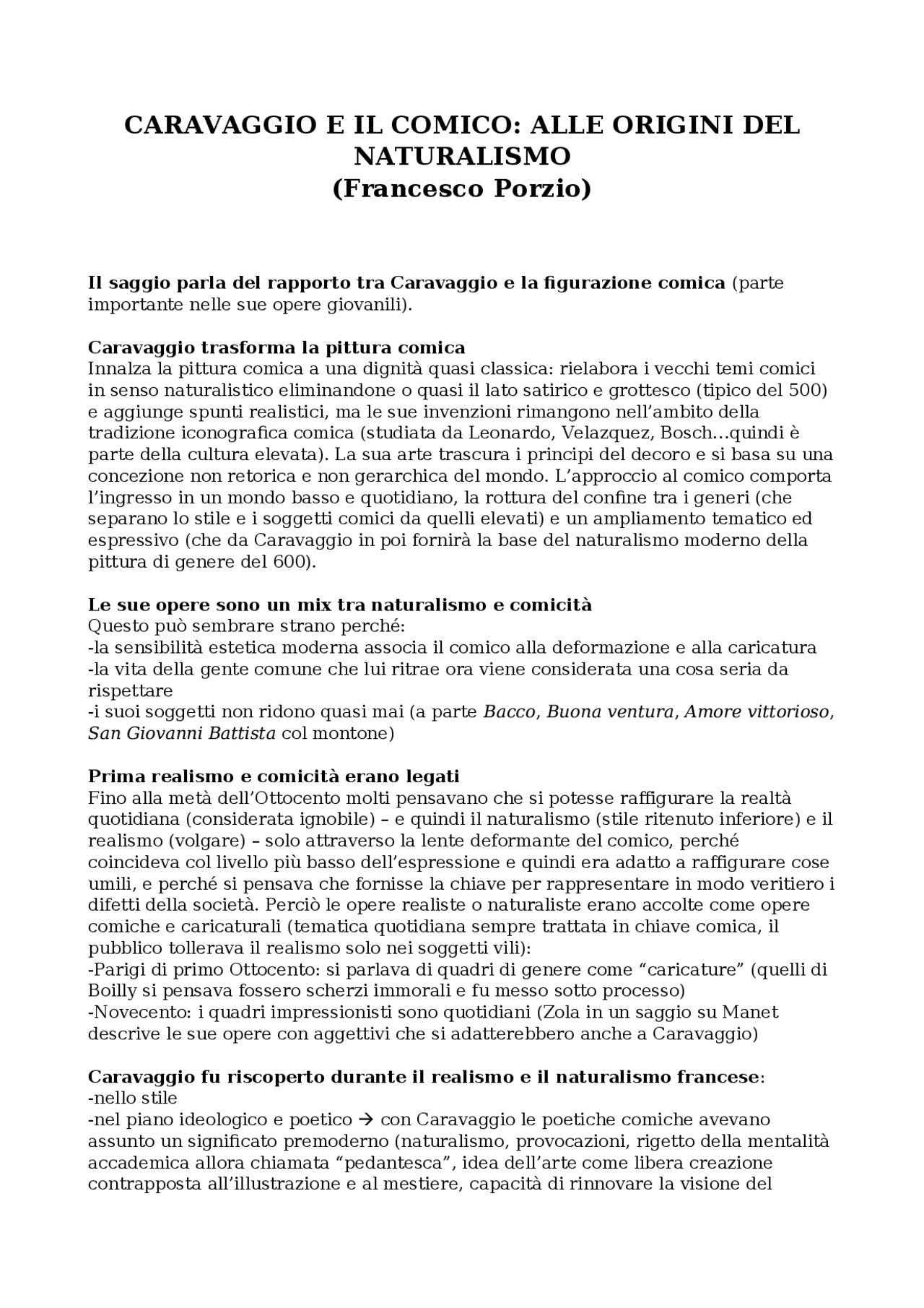 Riassunto libro "Caravaggio e il comico. Alle origini del naturalismo". - Docsity