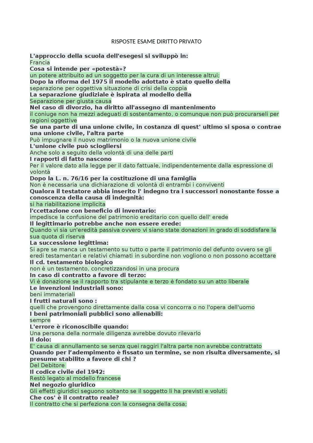 Risposte esatte esame diritto privato - Docsity