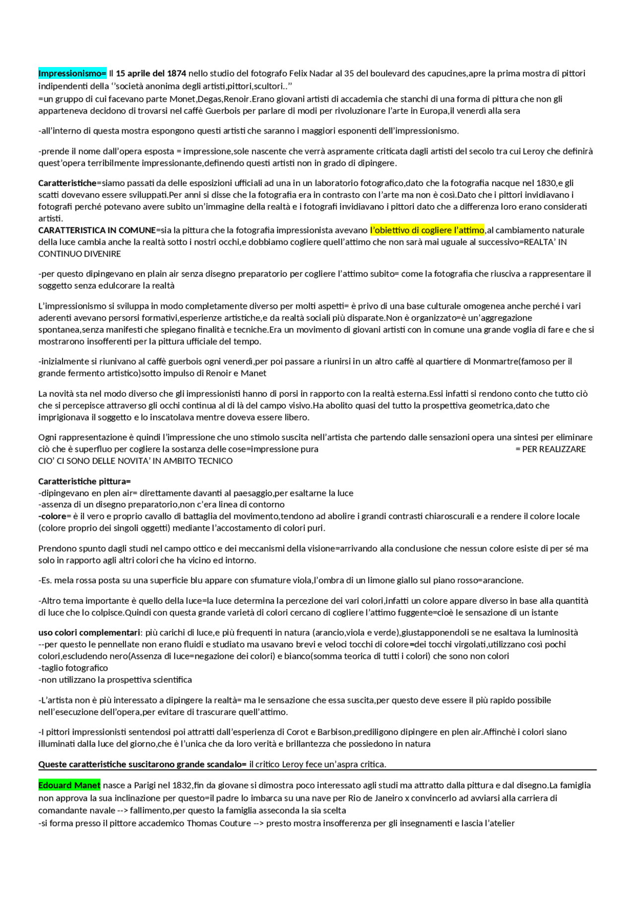 Appunti Sullimpressionismo E Post Impressionismo Docsity