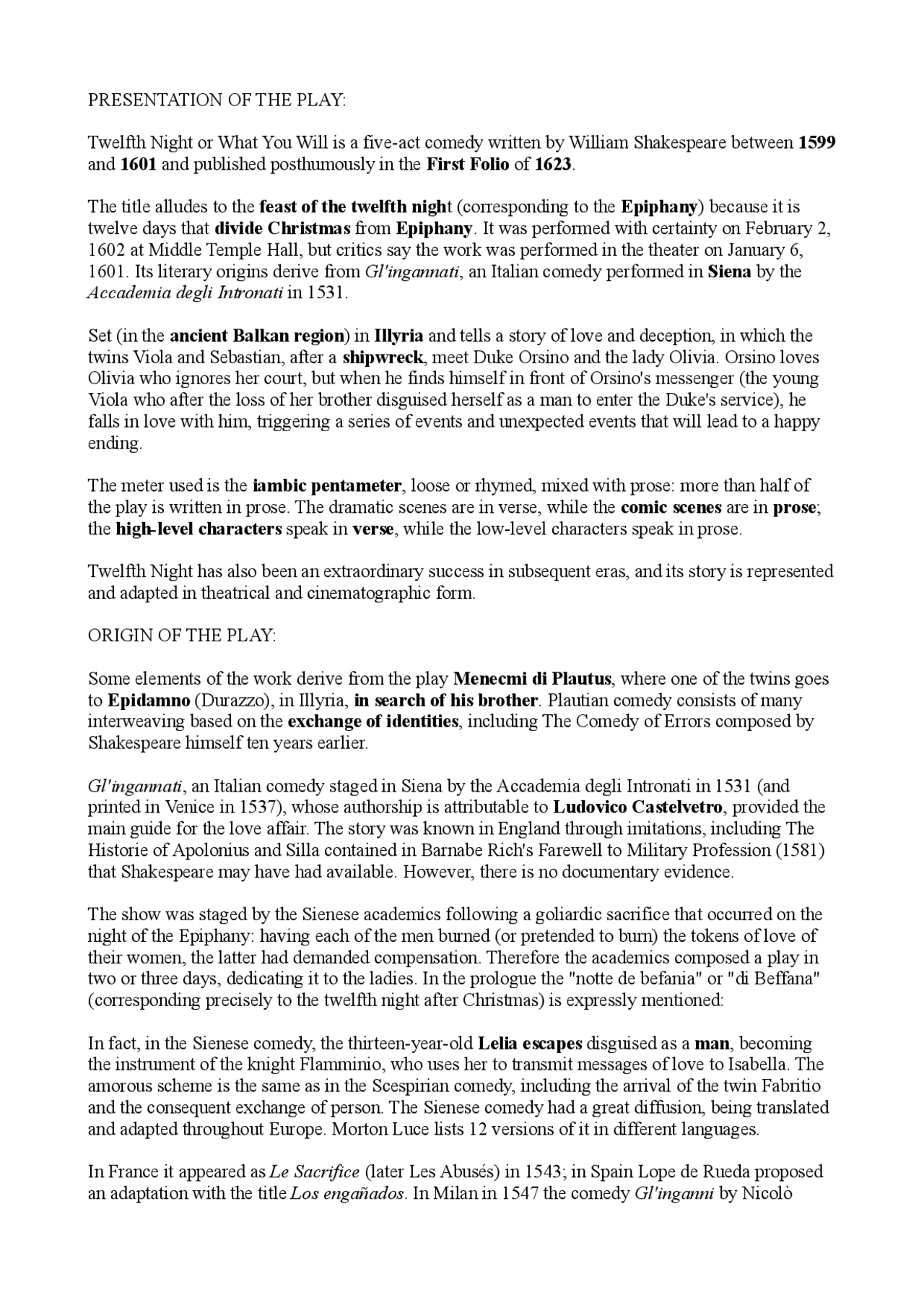 Appunti di The Twelfth Night - La dodicesima notte - Docsity