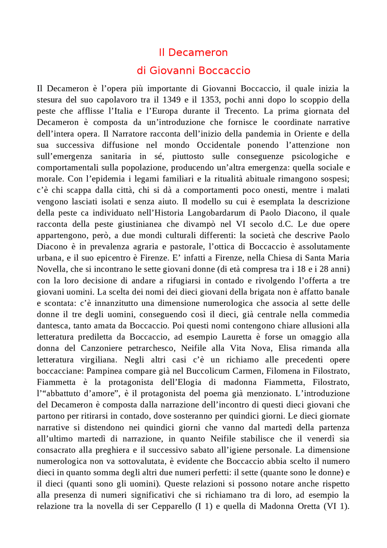 Riassunto Introduzione Alla Lettura Del Decameron Docsity