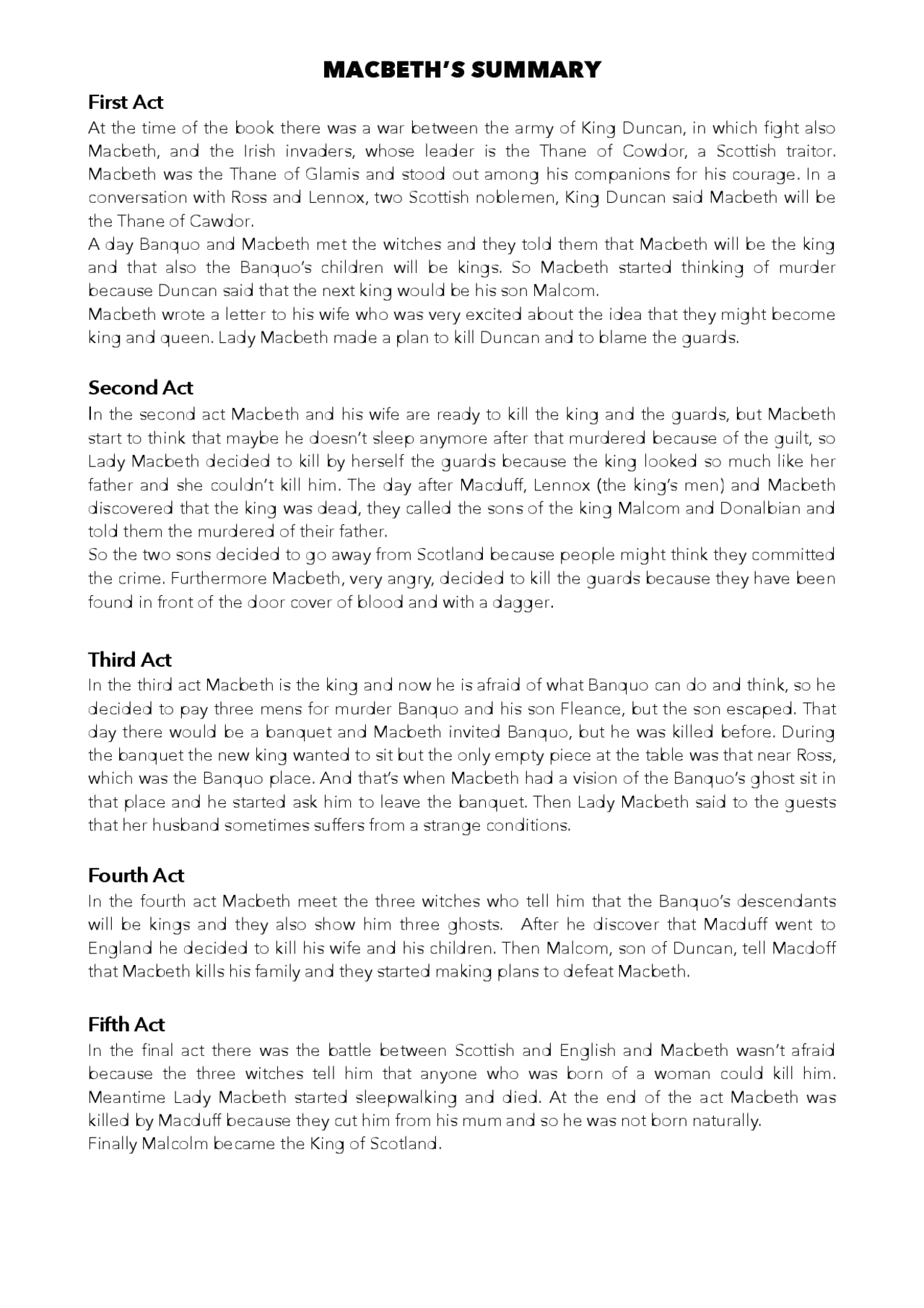 Macbeth's short summary - Docsity