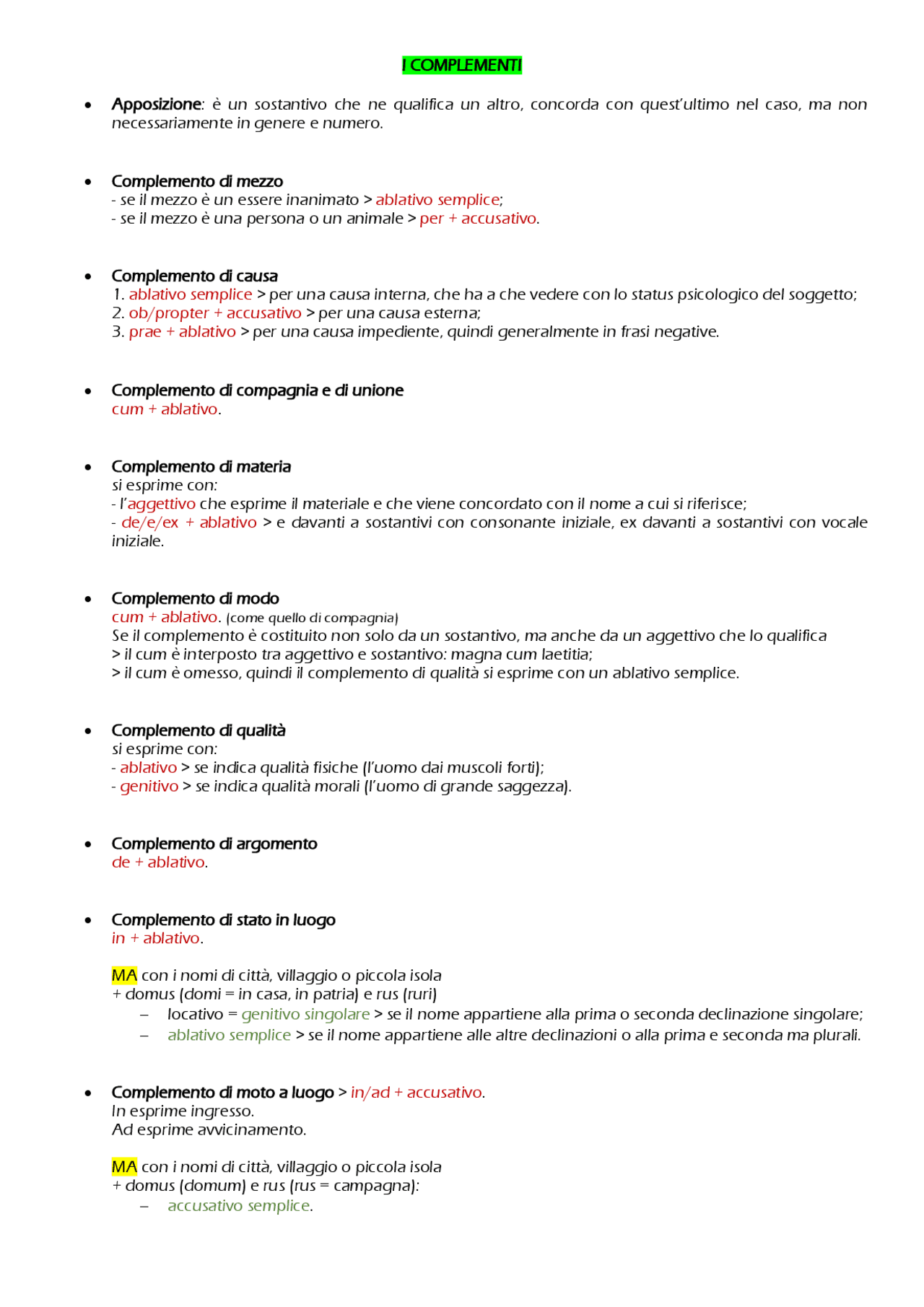 Schema dei principali complementi latini - Docsity