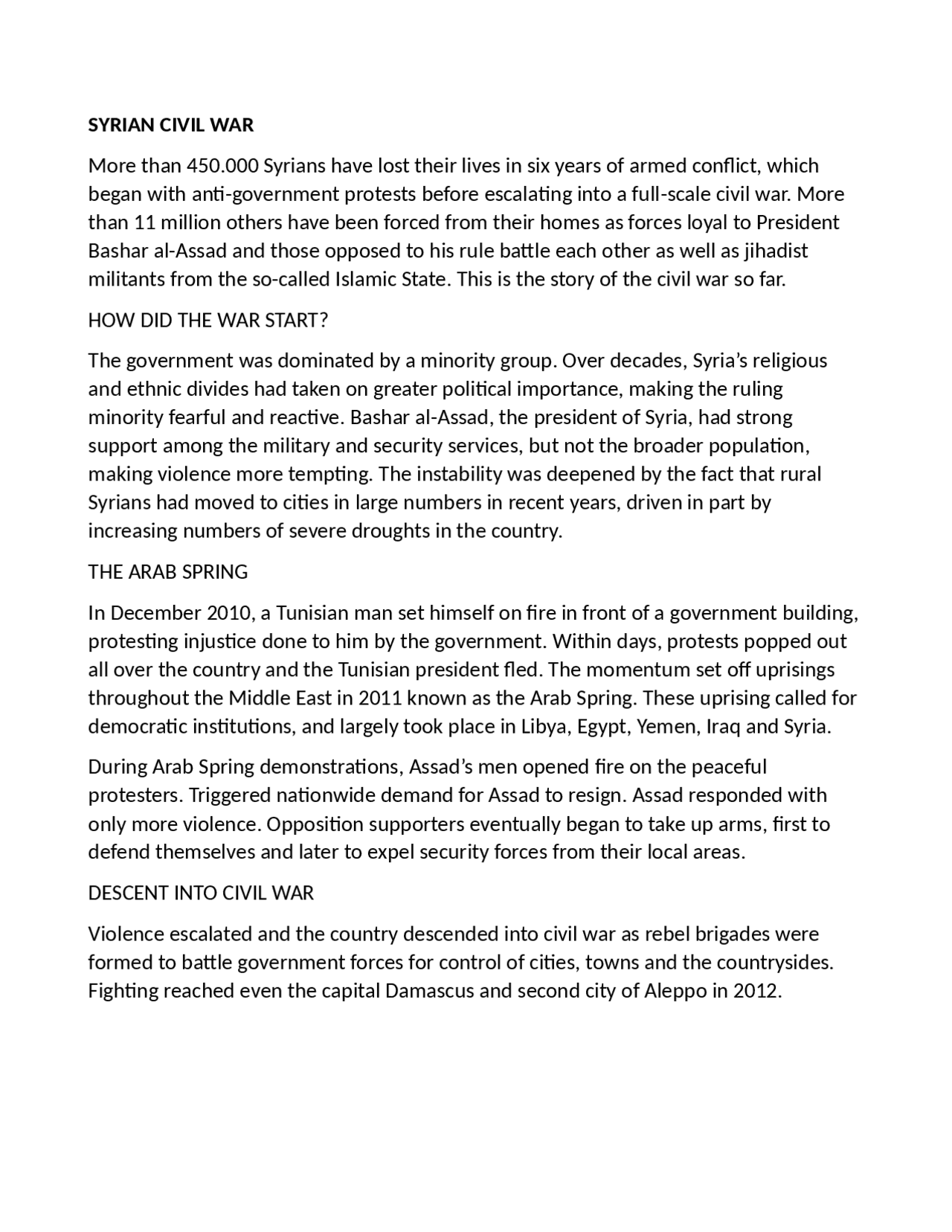 Syrian civil war and his consequences - Docsity