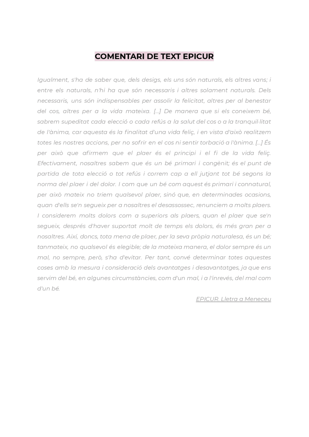 Comentari de text Epicur - Docsity