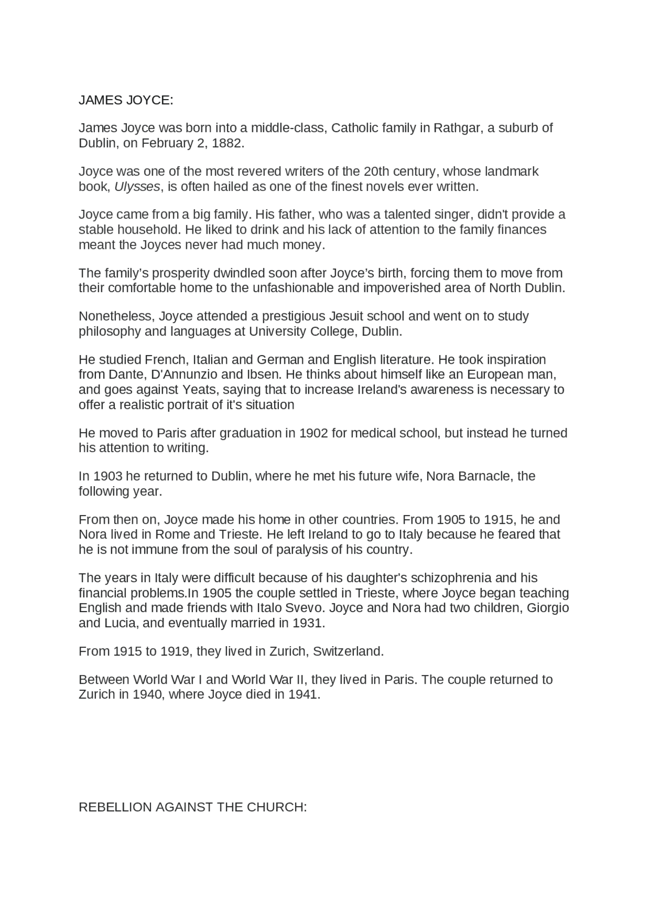 James Joyce: his life and his works - Docsity