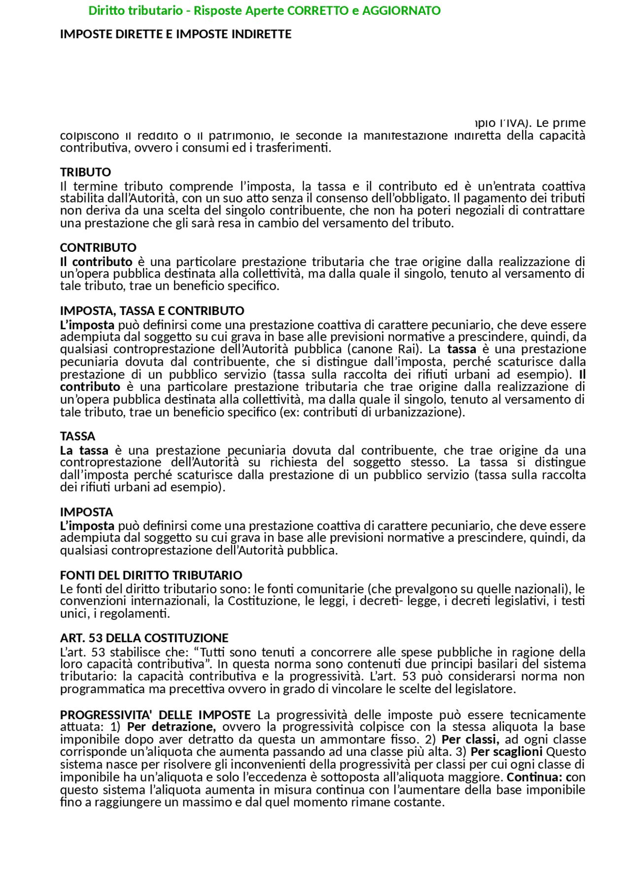 Diritto tributario - Risposte Aperte CORRETTO e AGGIORNATO - Docsity