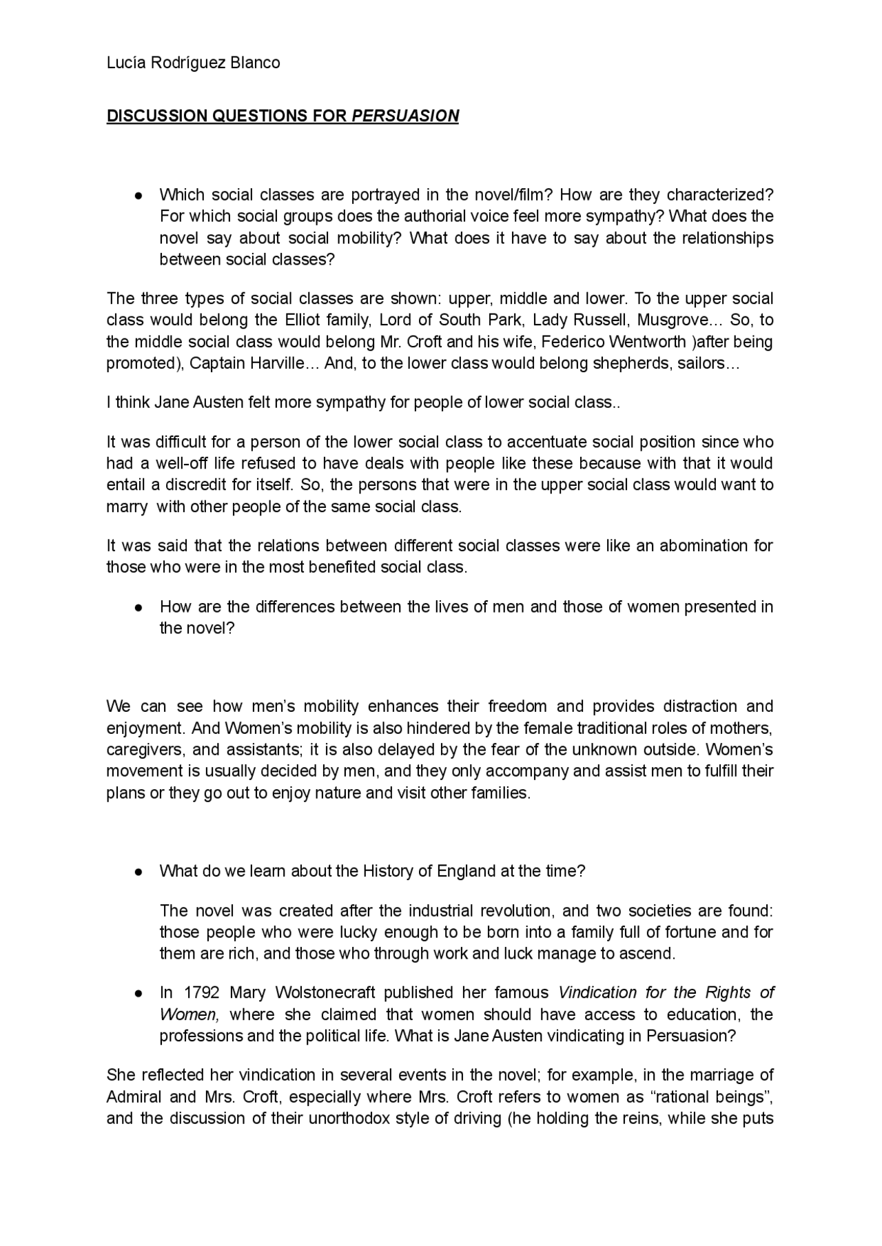 Preguntas y lectura de Persuasión (Jane Austen) - Docsity