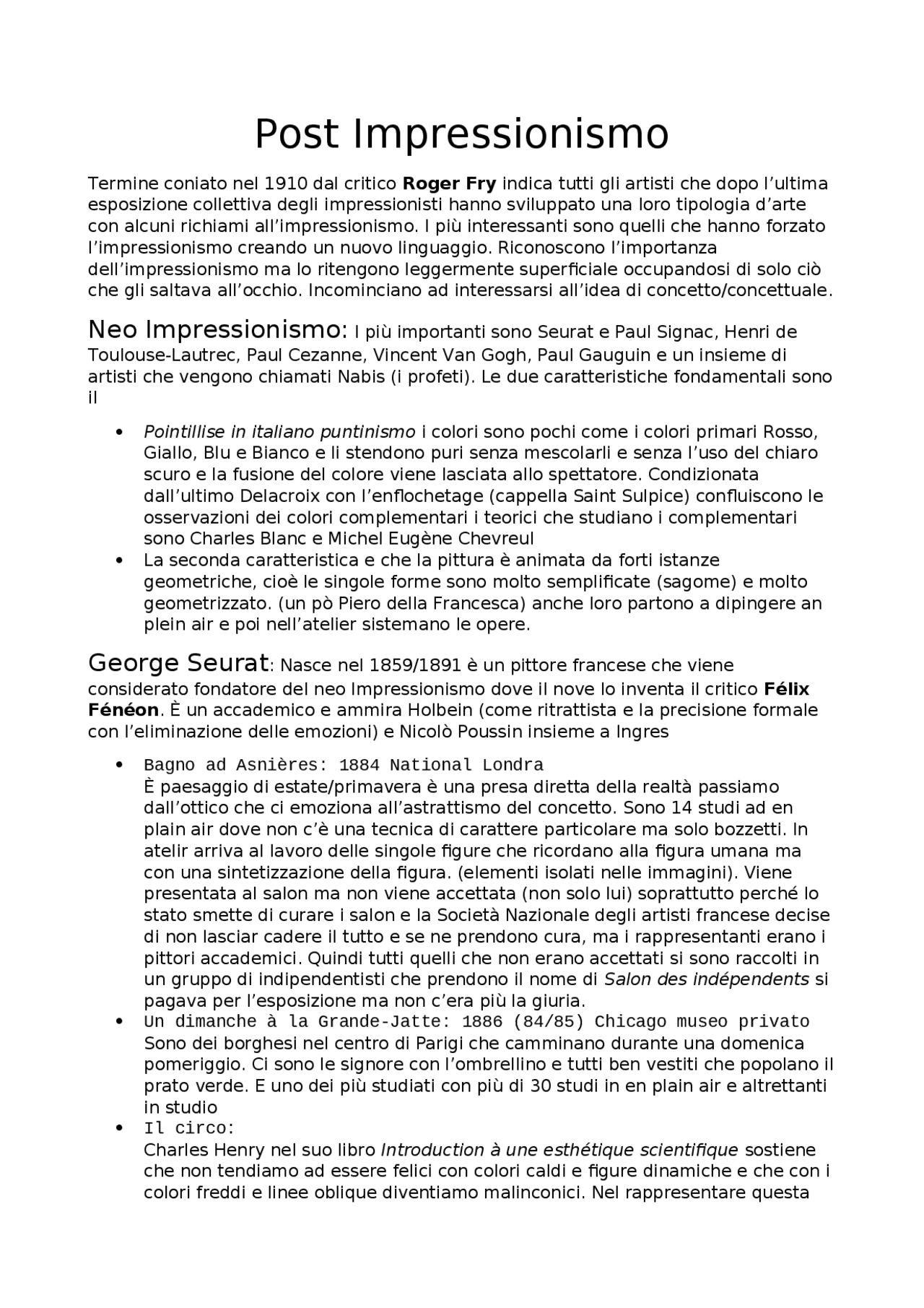 Larte Post Impressionista Docsity