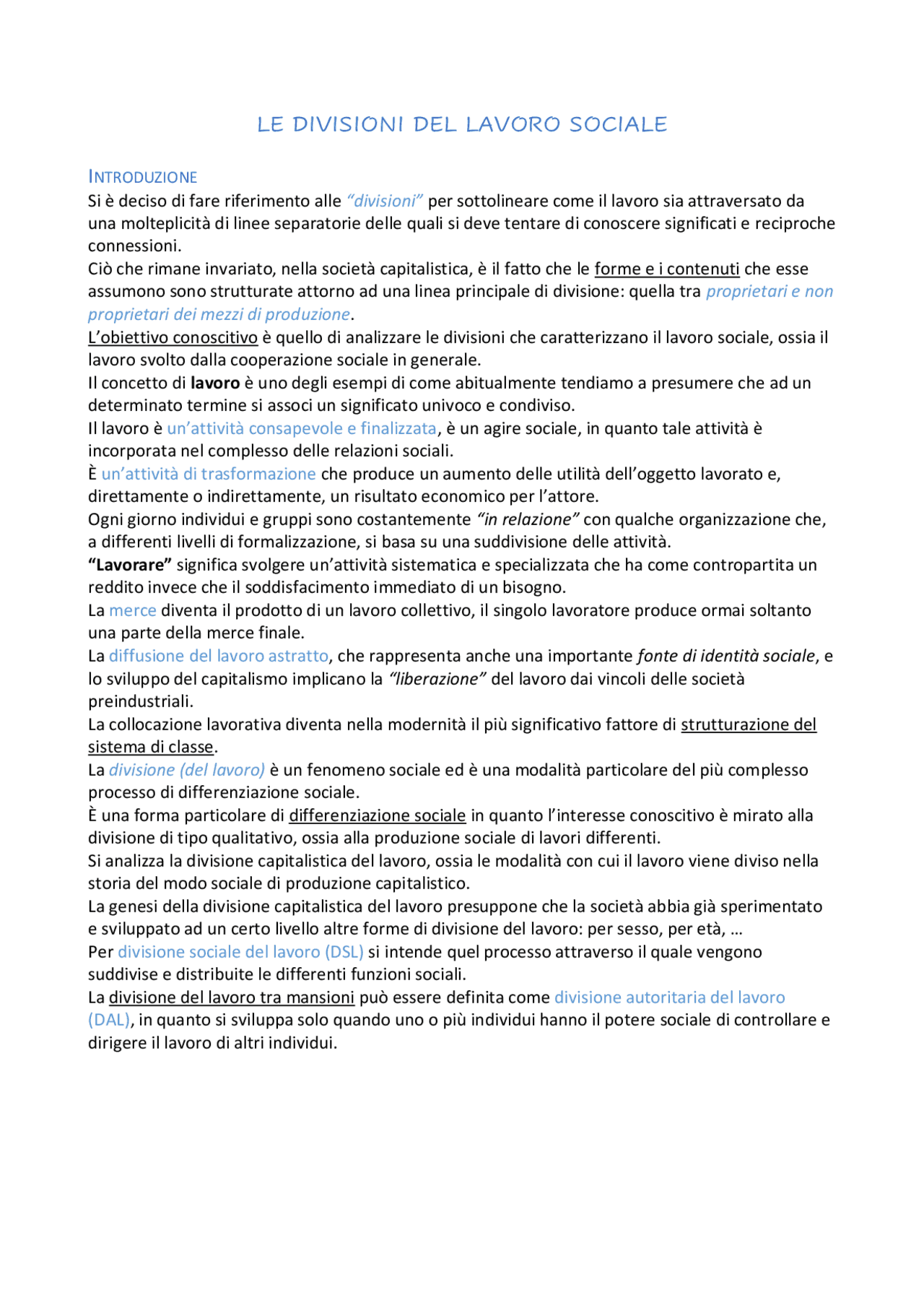 Le Divisioni Del Lavoro Sociale Docsity