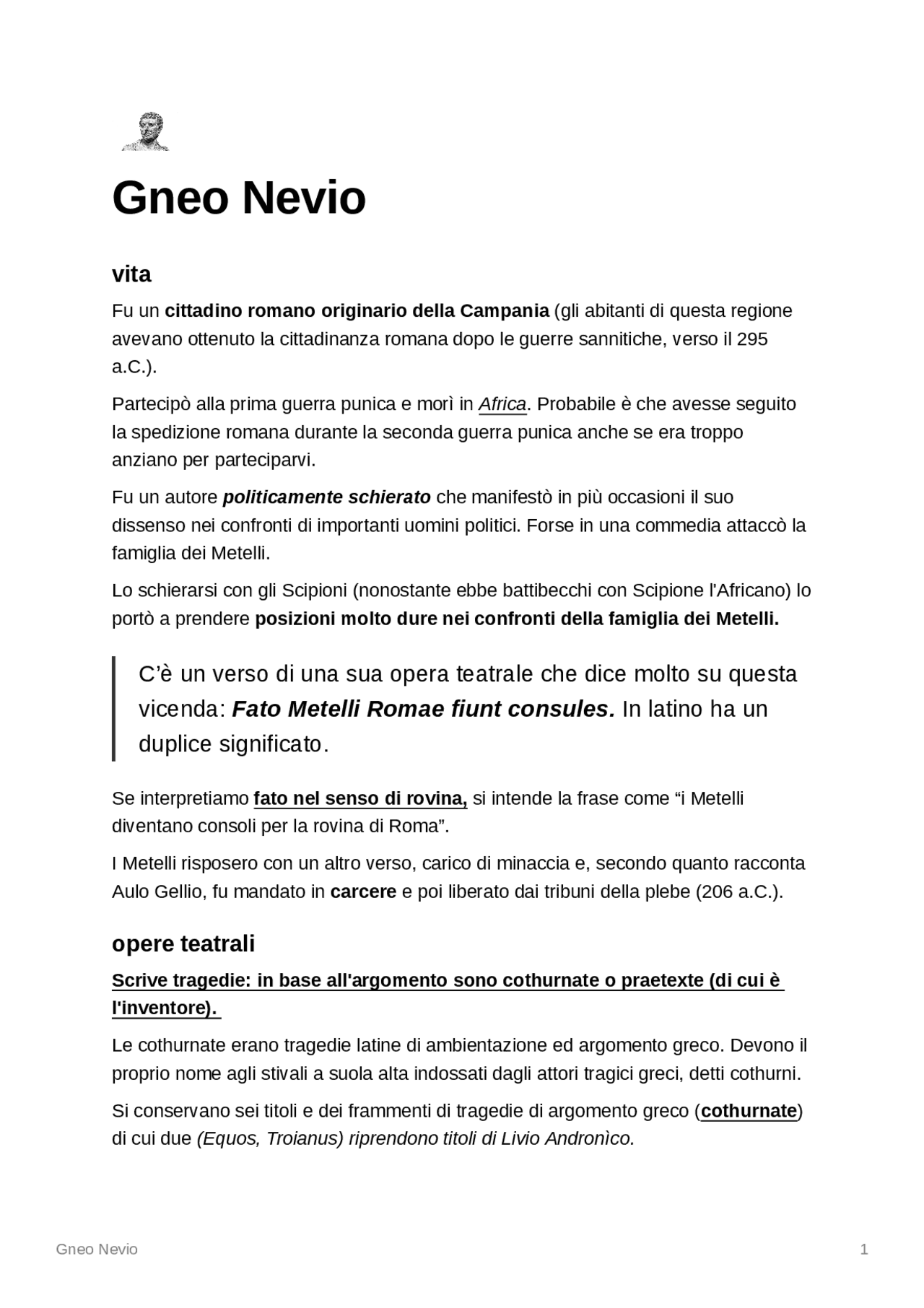 Gneo Nevio: inventore delle praetextae e il Bellum Poenicum - Docsity