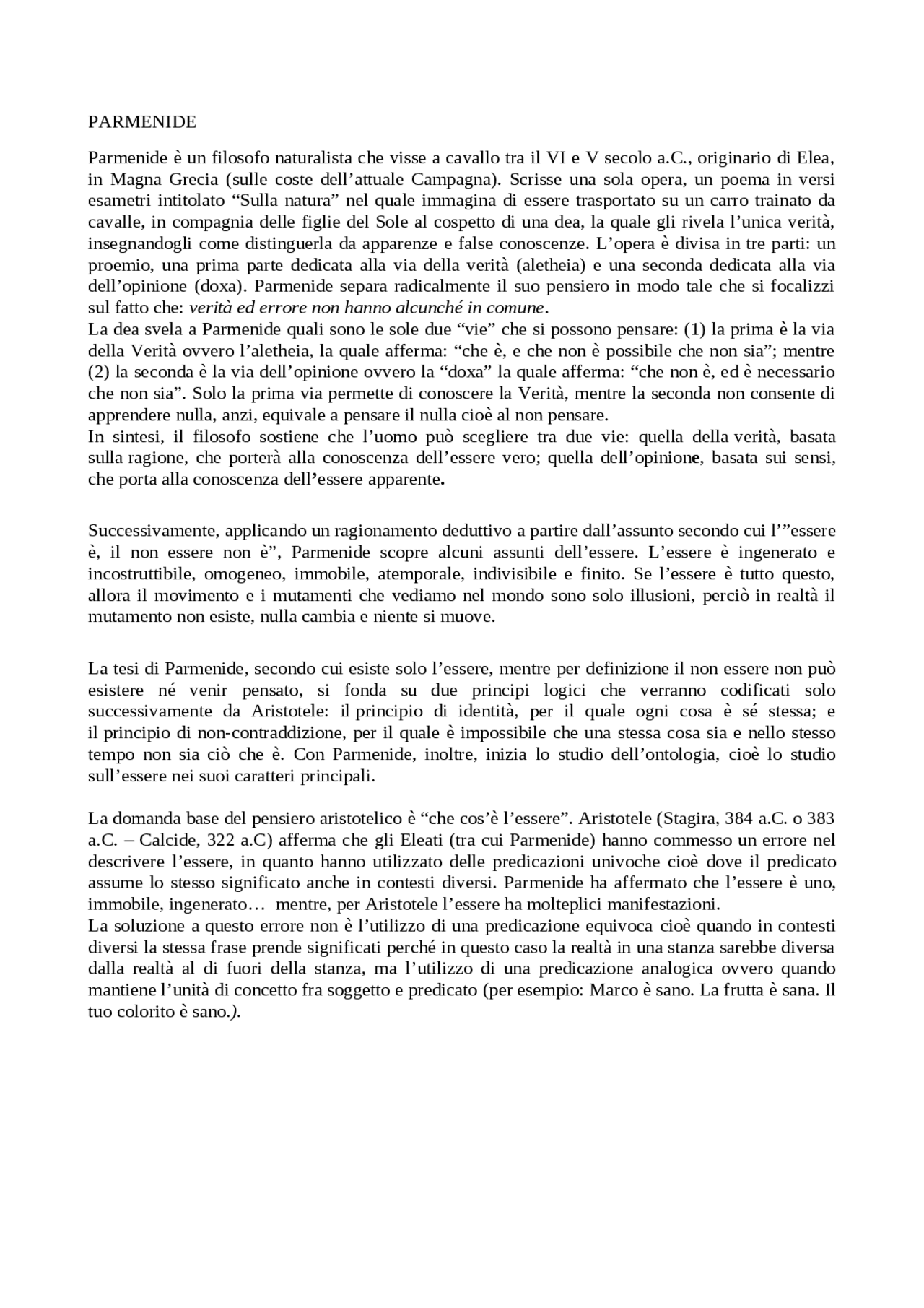 Parmenide Sintesi Breve Docsity