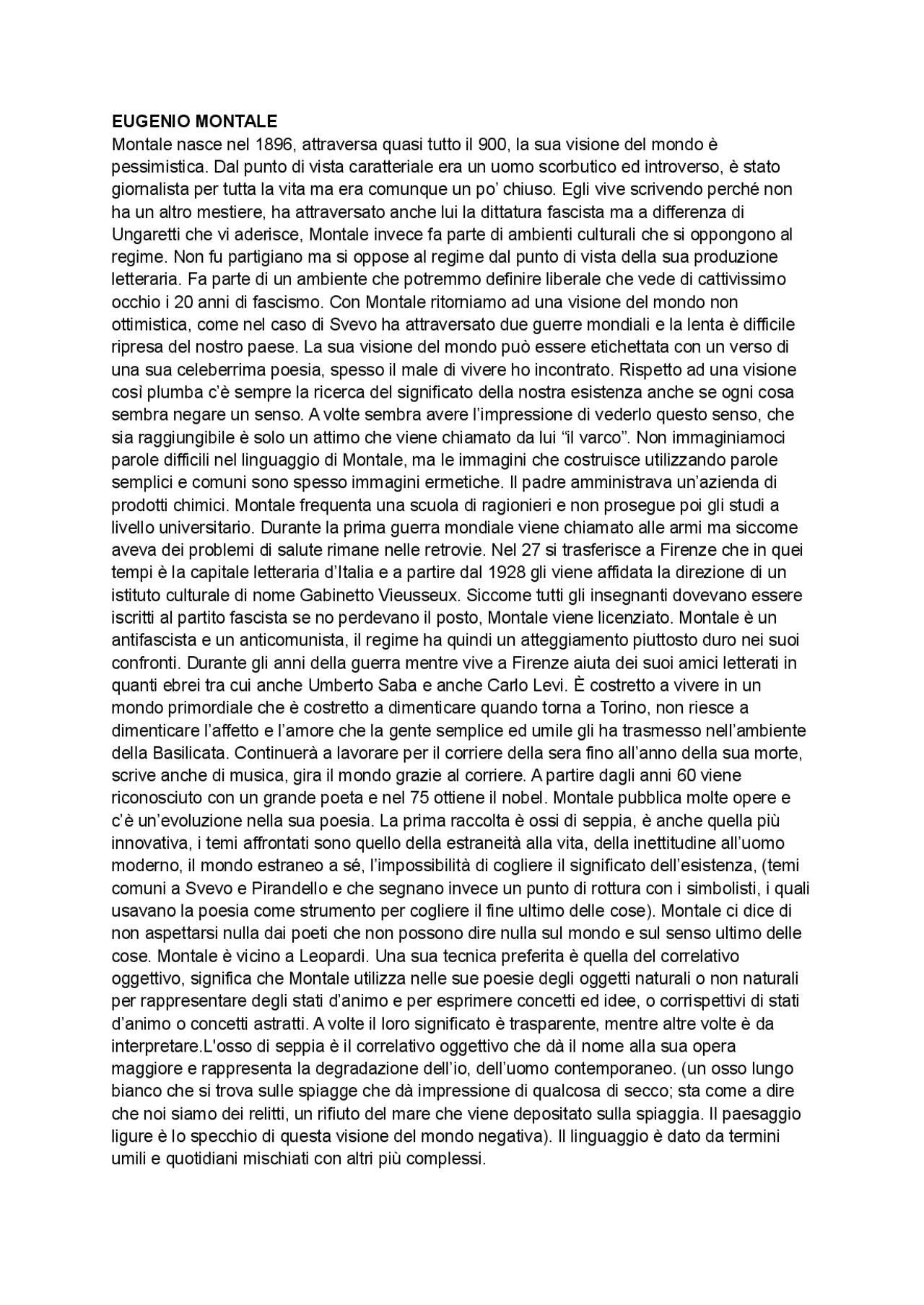Eugenio Montale Vita E Opere Docsity