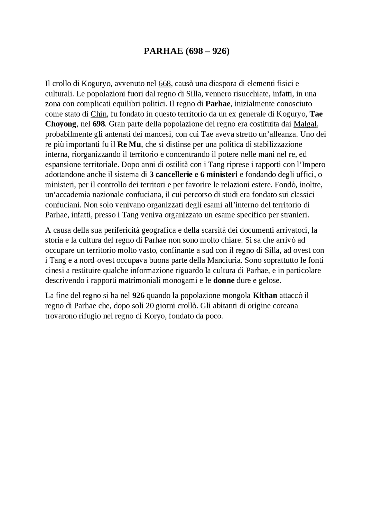 Storia della Corea - Parhae - Docsity