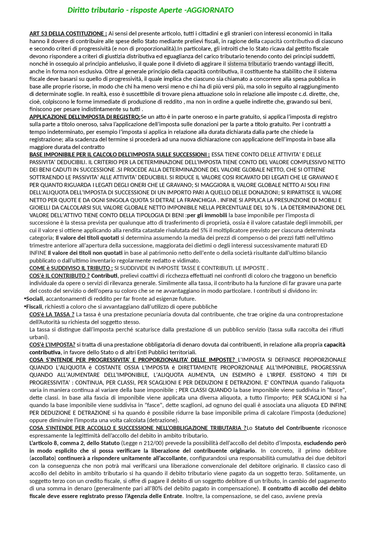 Diritto tributario - risposte Aperte - AGGIORNATO - Docsity