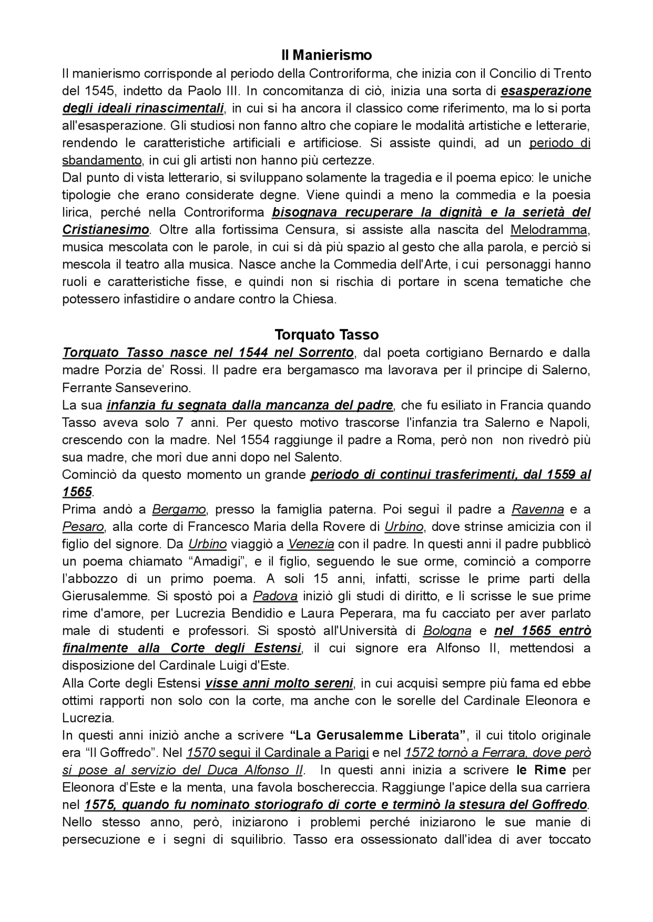 Il Manierismo E Torquato Tasso Docsity