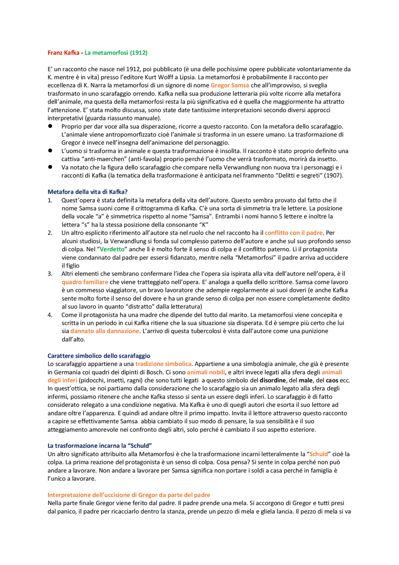 Sintesi La Metamorfosi Kafka Docsity