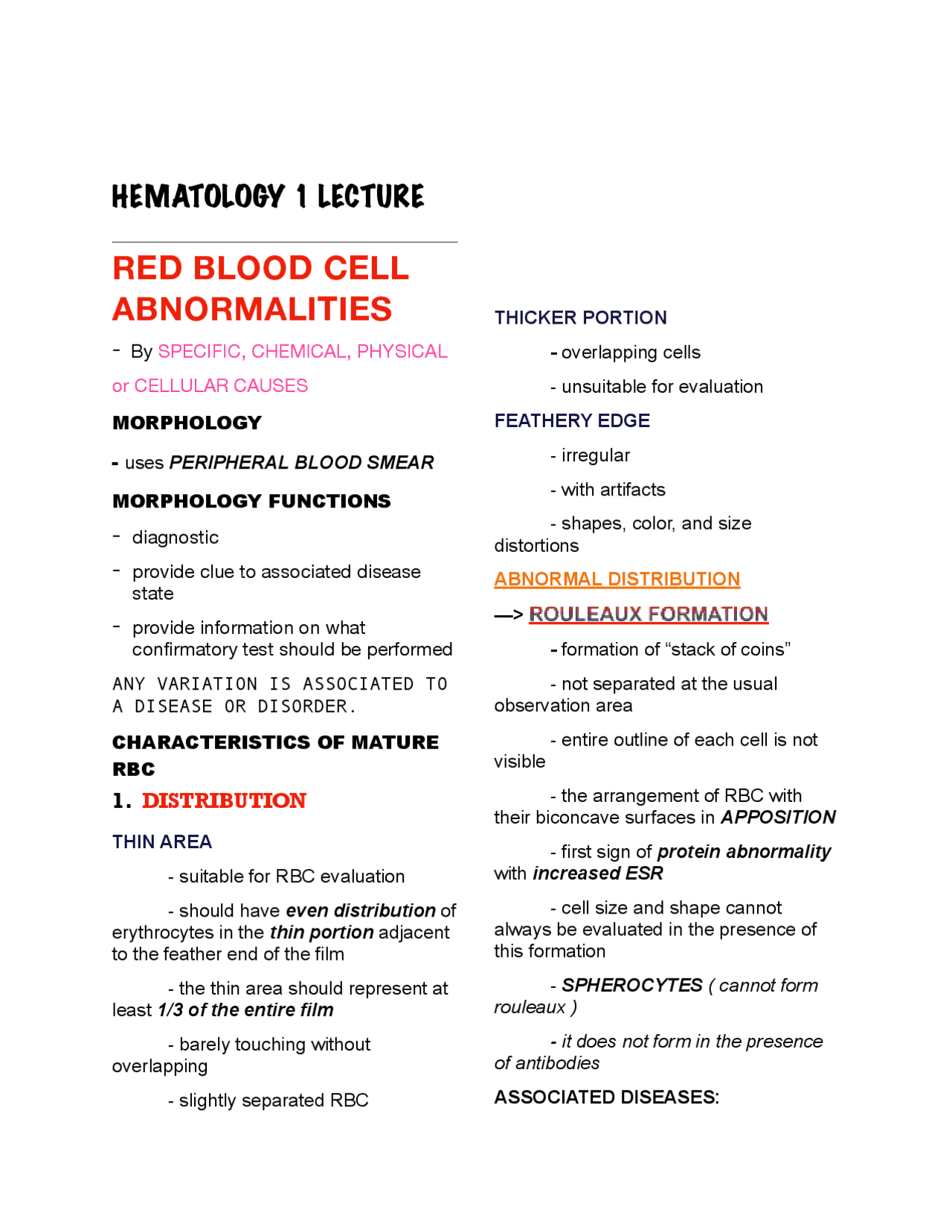 Red Blood Cell Abnormalities and Disorders - Docsity