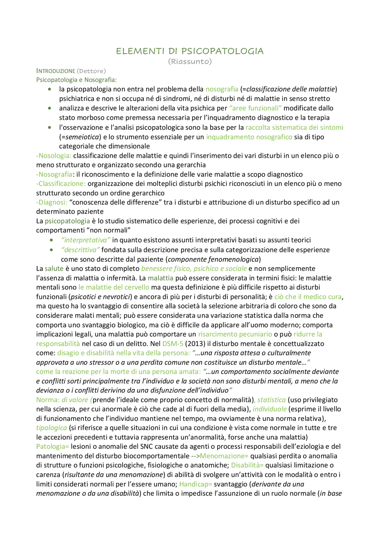 Elementi Di Psicopatologia Riassunto Generale Docsity