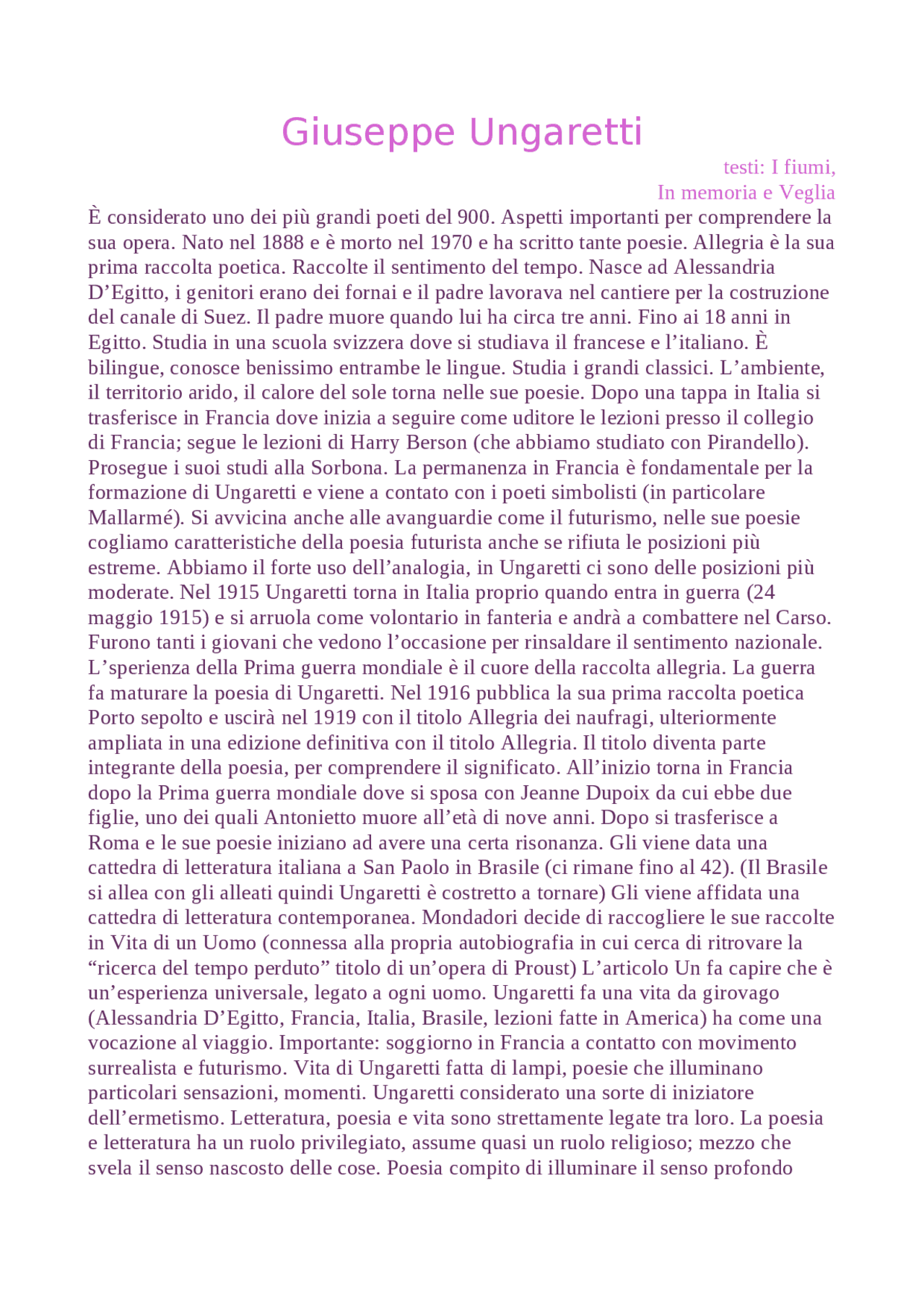 Giuseppe Ungaretti E Testi Docsity
