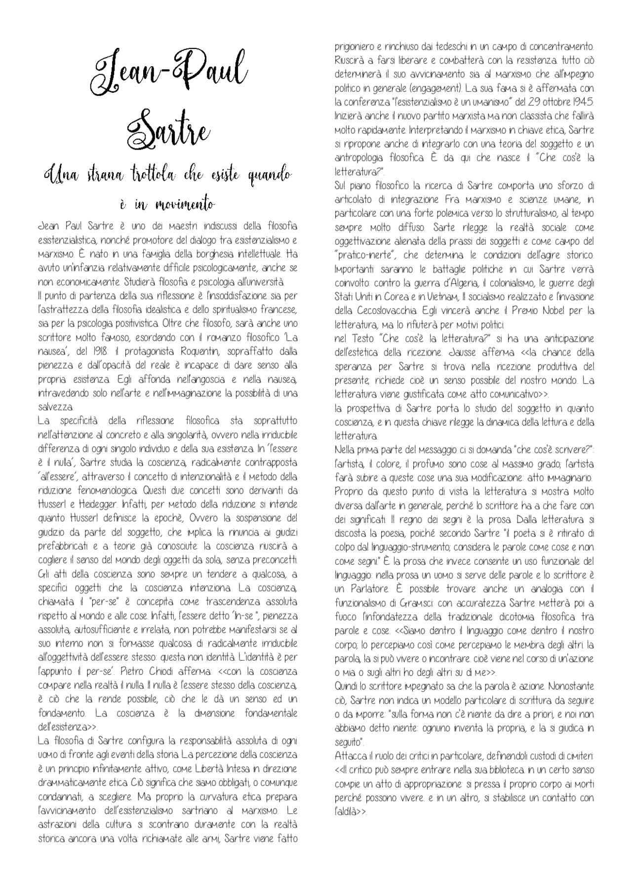 Appunti Sartre E Riassunto Capitolo Docsity