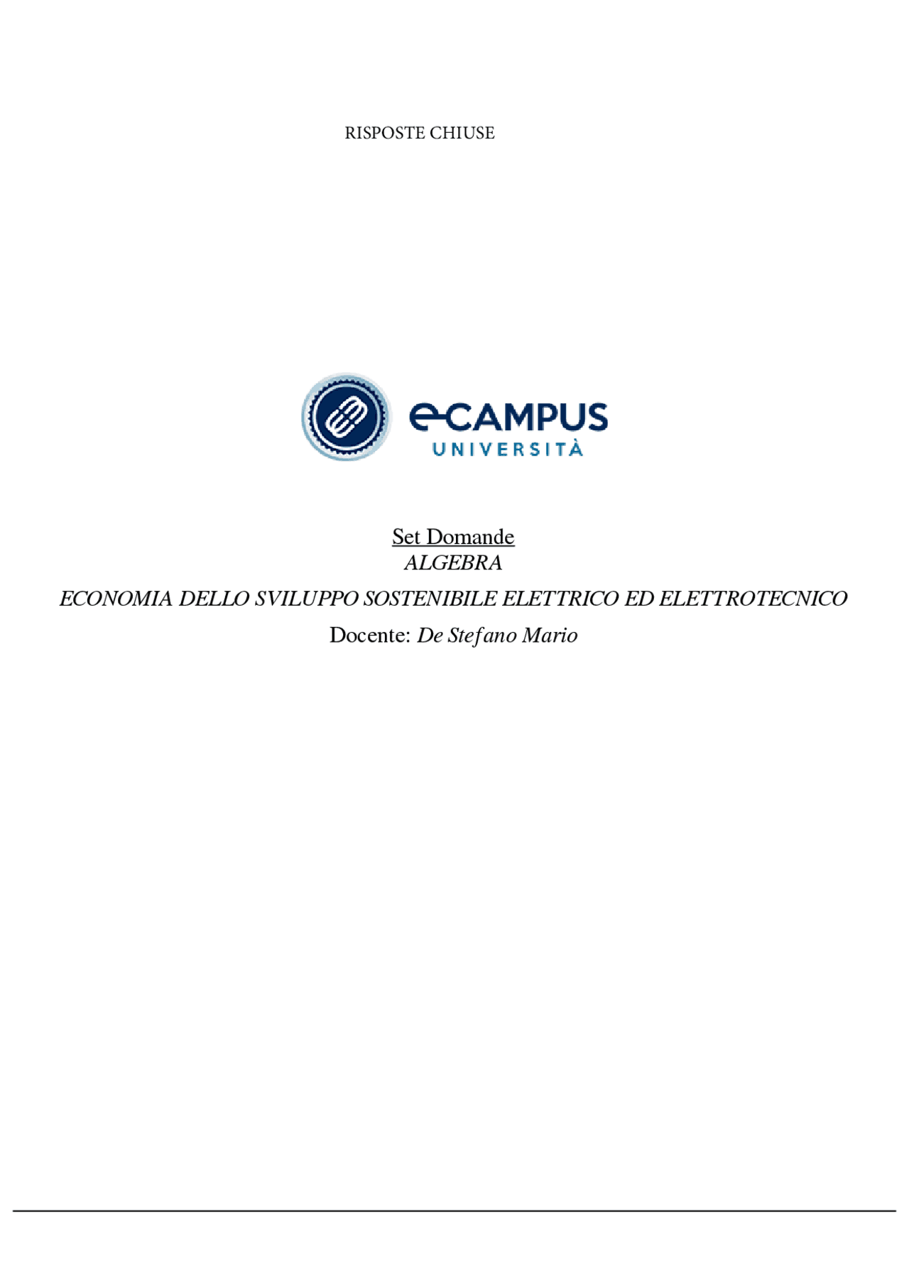 Paniere Algebra Profde Stefano Mario Ecampus Risposte Chiuse Docsity