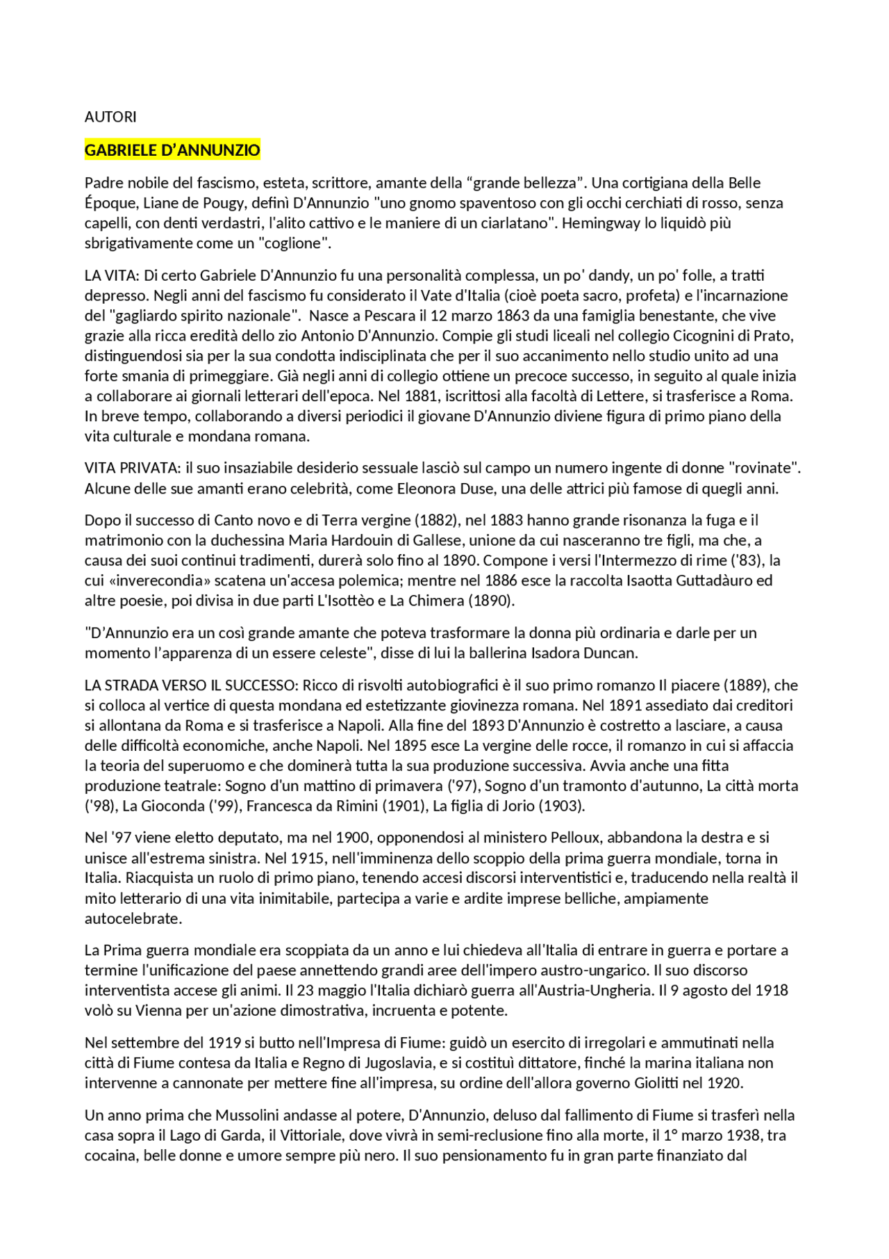 Riassunto Autori Da Dannunzio A Caproni Docsity